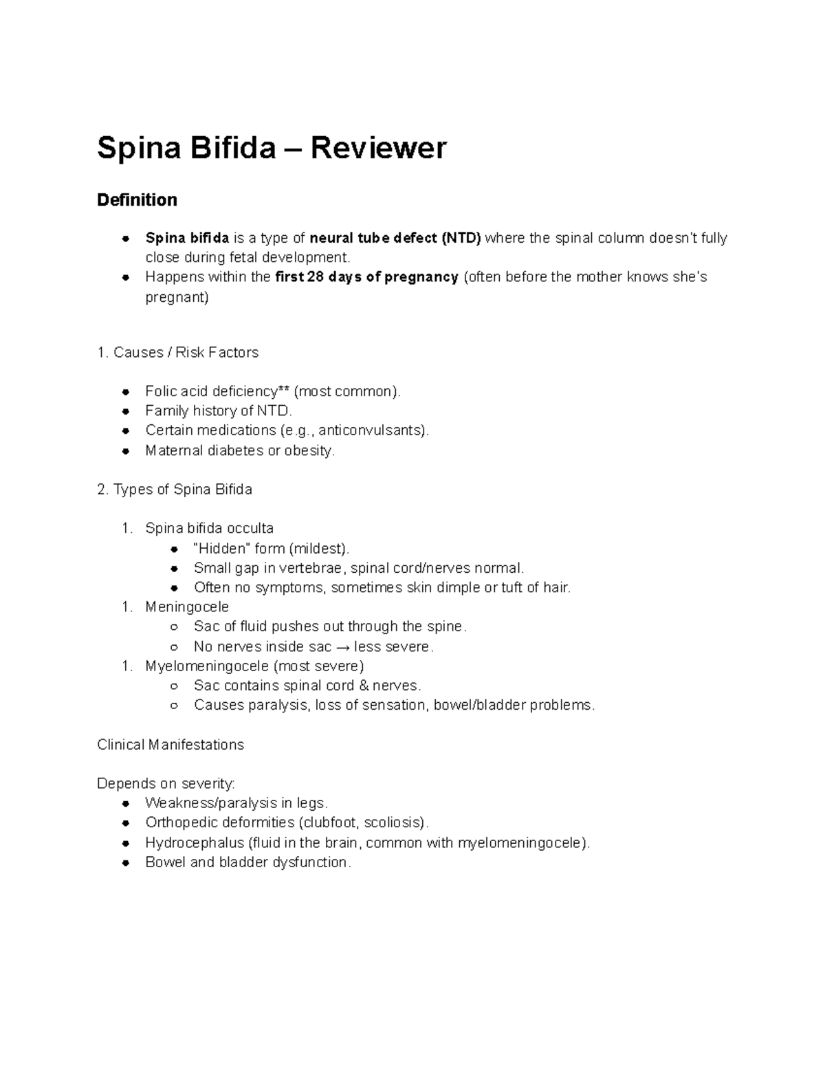 Spina Bifida Overview: Types, Causes, and Clinical Manifestations - Studocu