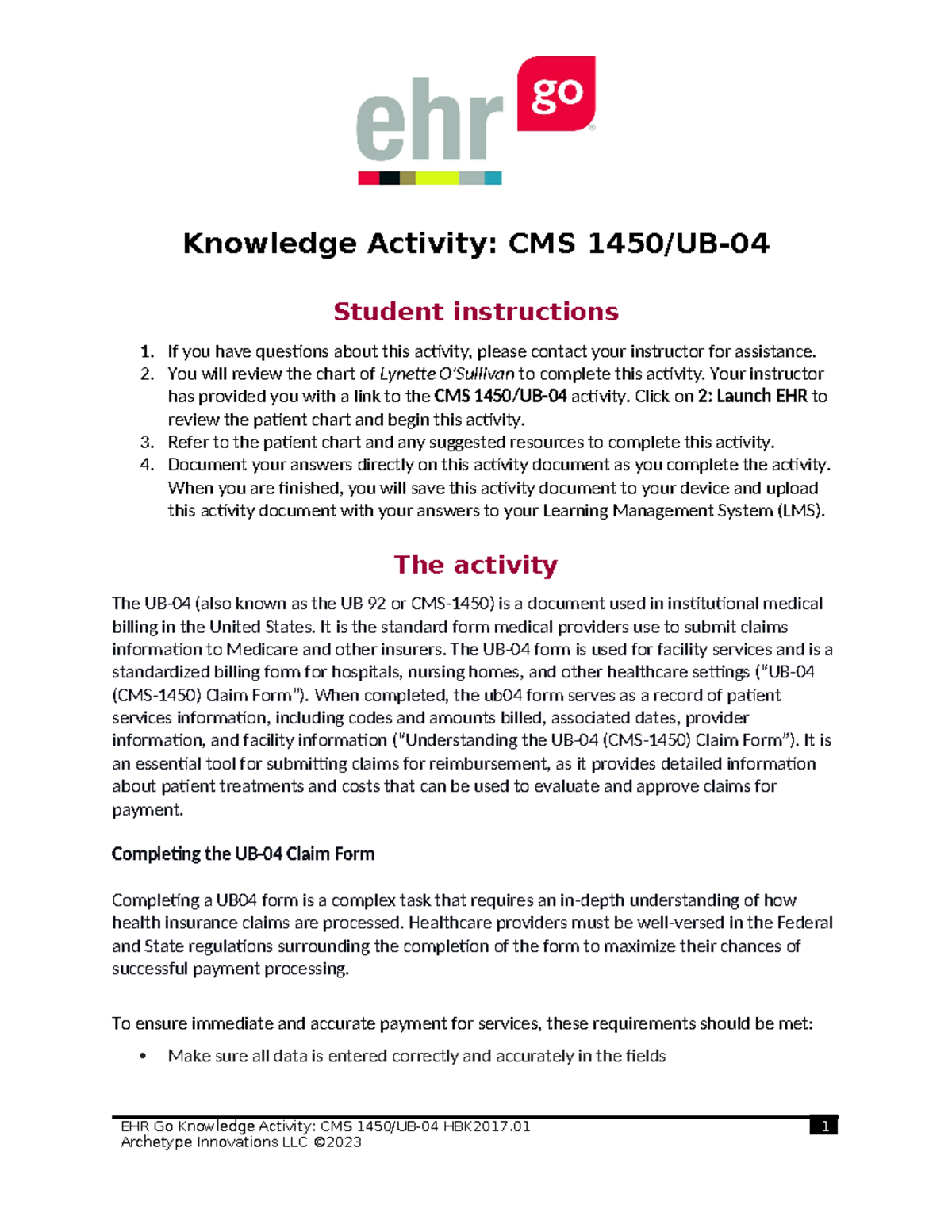 CMS 1450/UB-04 HBK2017 - Activity on Claim Form Completion - Studocu