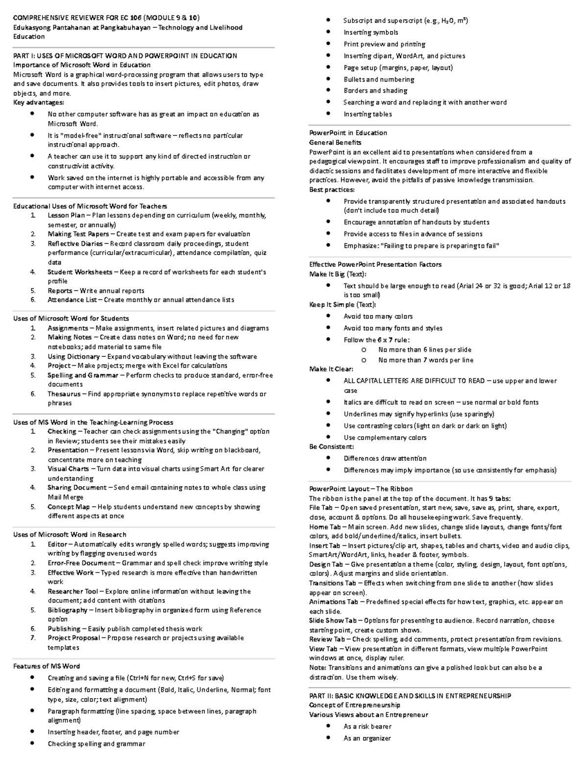 FINAL REVIEWER FOR EC 106 (MODULE 9 & 10): MS Word & PowerPoint in ...