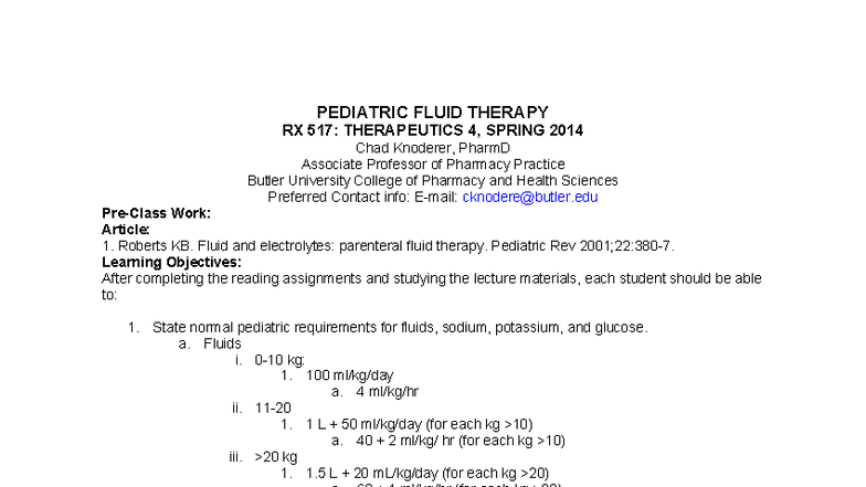 Pediatric Fluid Therapy RX 517: Therapeutics 4 Study Guide - Studocu