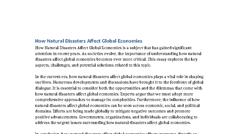 Unique Essay 136: Impact of Natural Disasters on Global Economies - Studocu