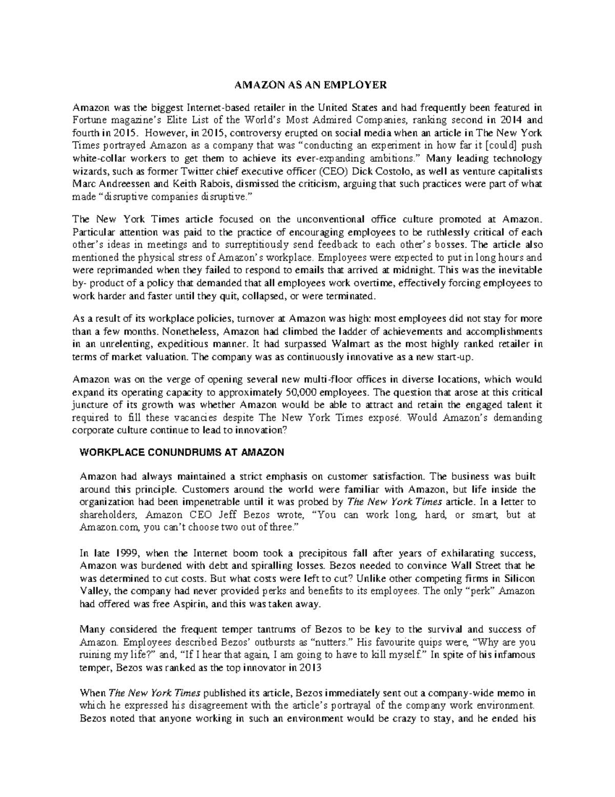 Case Study - aezsRXDCTFYGVUBHNKML - AMAZON AS AN EMPLOYER Amazon was ...