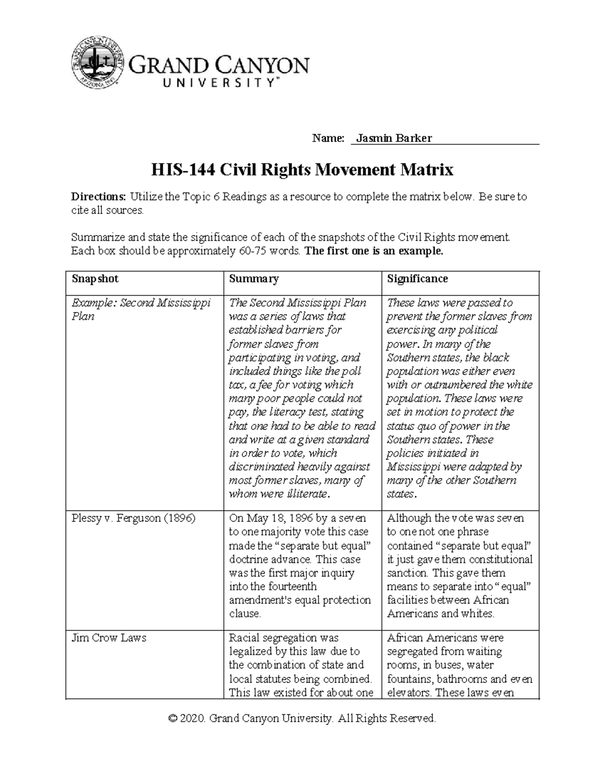 HIS-144-T6 Civil Rights Movement Matrix Online - Name: Jasmin Barker ...