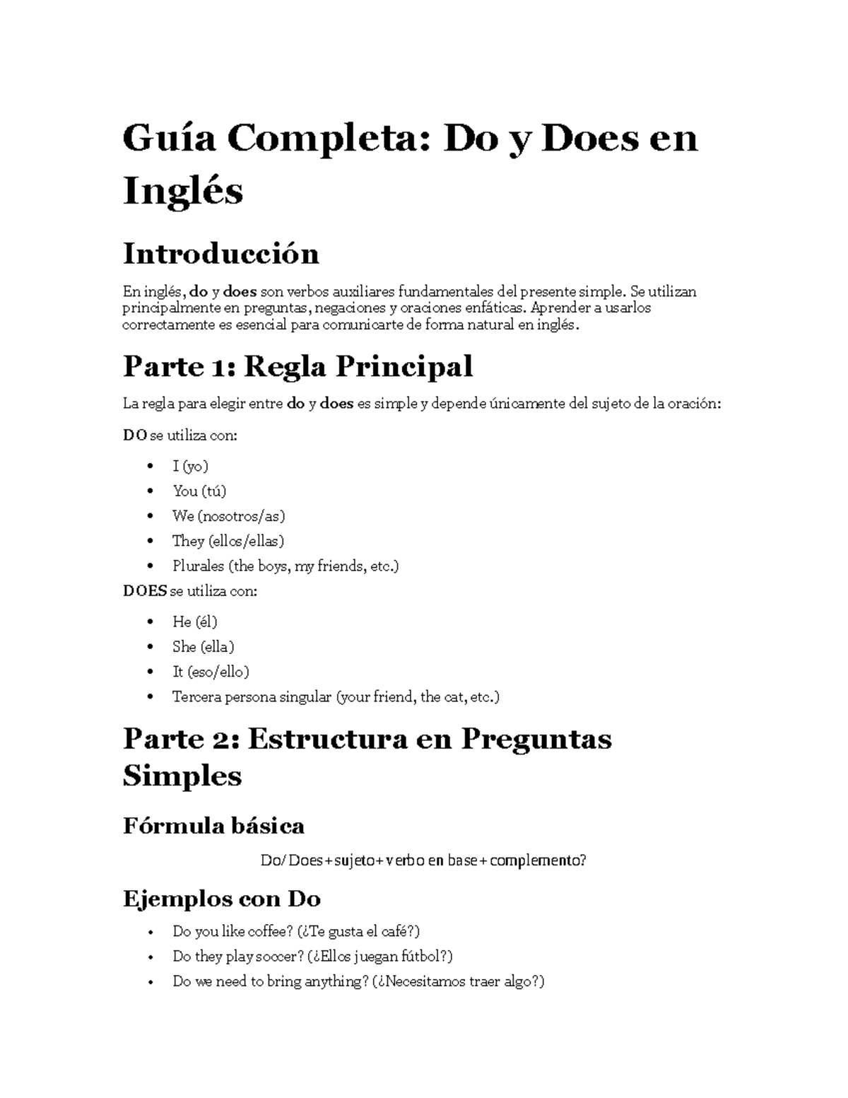 Guía Completa: Uso de Do y Does en Inglés - Nivel A2 - Studocu