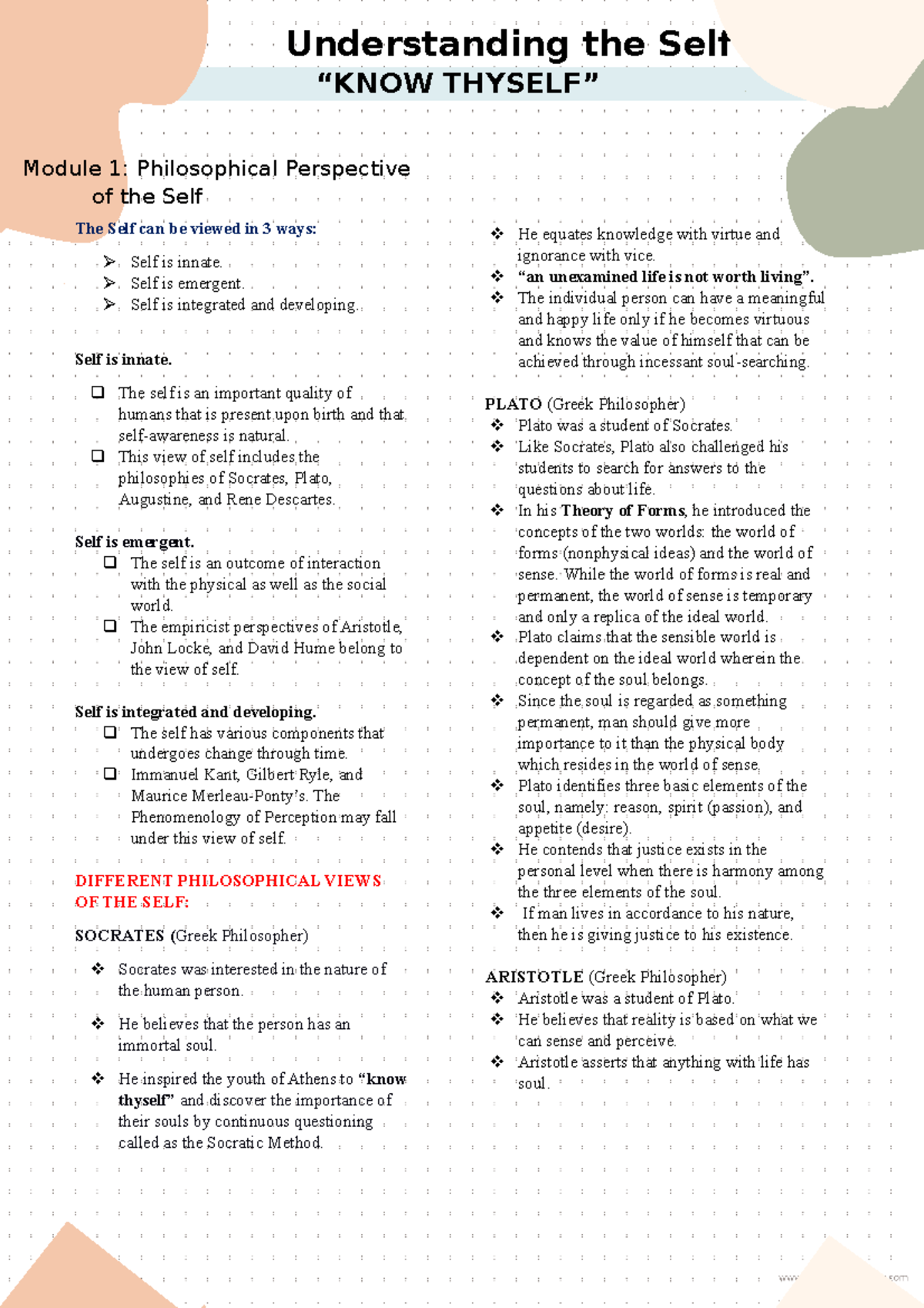 Module 1 know thyself - NOTES - Understanding the Self “KNOW THYSELF ...