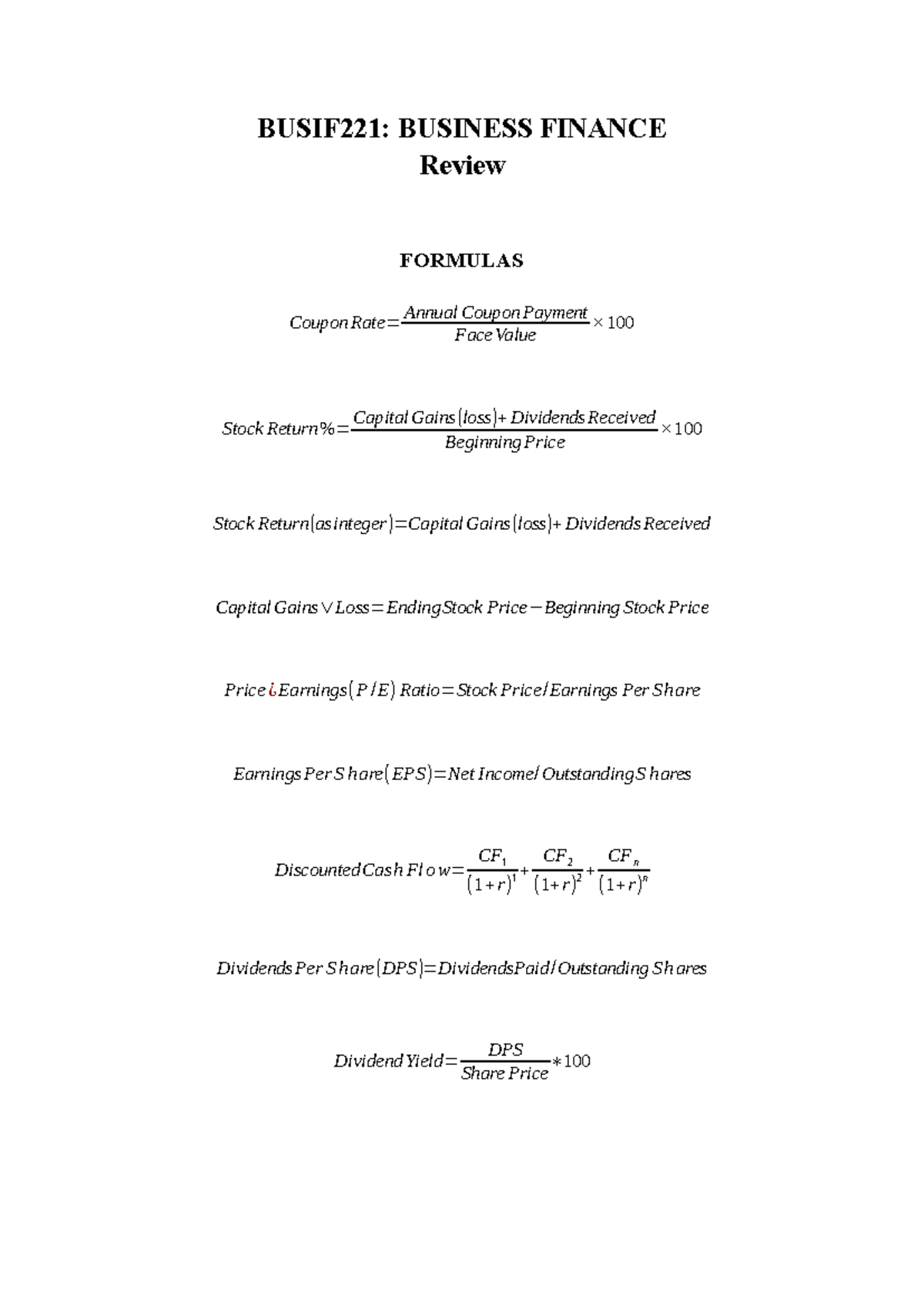 BUSIF221: BUSINESS FINANCE Review Notes and Key Formulas - Studocu