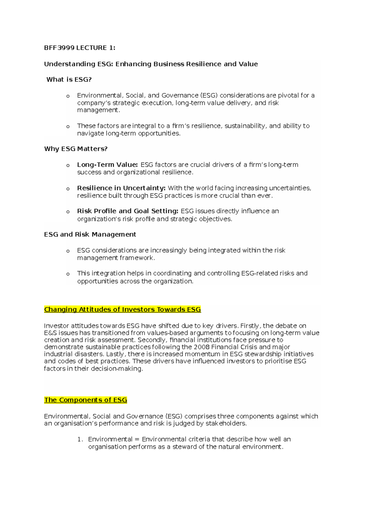 BFF3999 ESG Lecture Notes: Insights for Test Preparation - Studocu