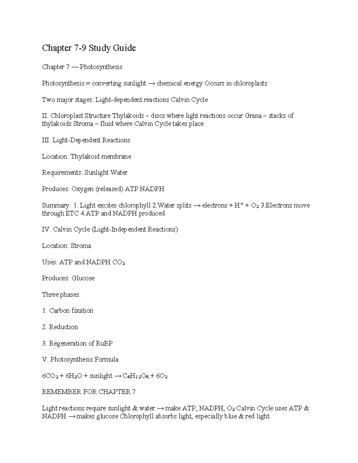 Chapter 7-9 Study Guide: Photosynthesis, Cell Division & Respiration ...