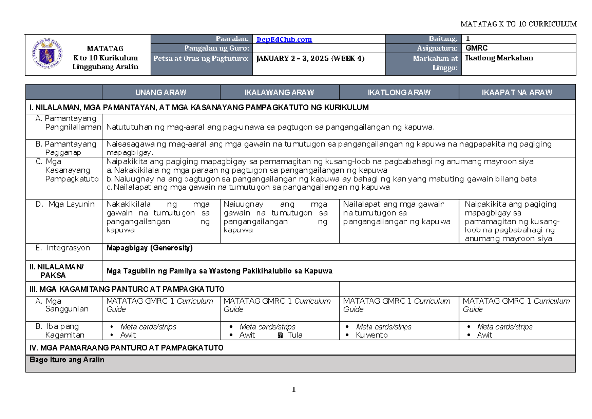 GMRC 1 Q3 W4 Lesson Plan on Generosity and Helping Others - Studocu