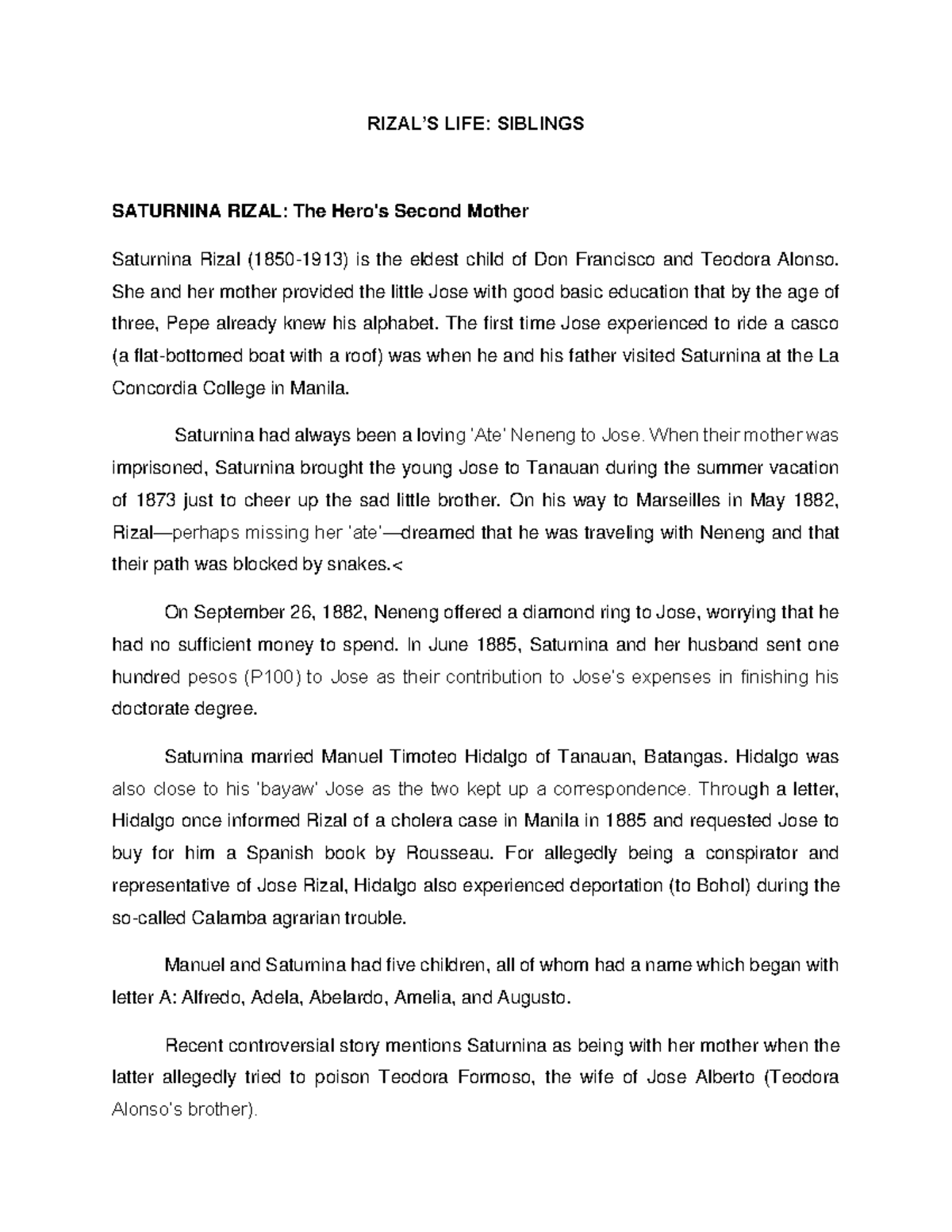 Lecture Notes 7 The Sibling s of Rizal - RIZAL’S LIFE: SIBLINGS ...