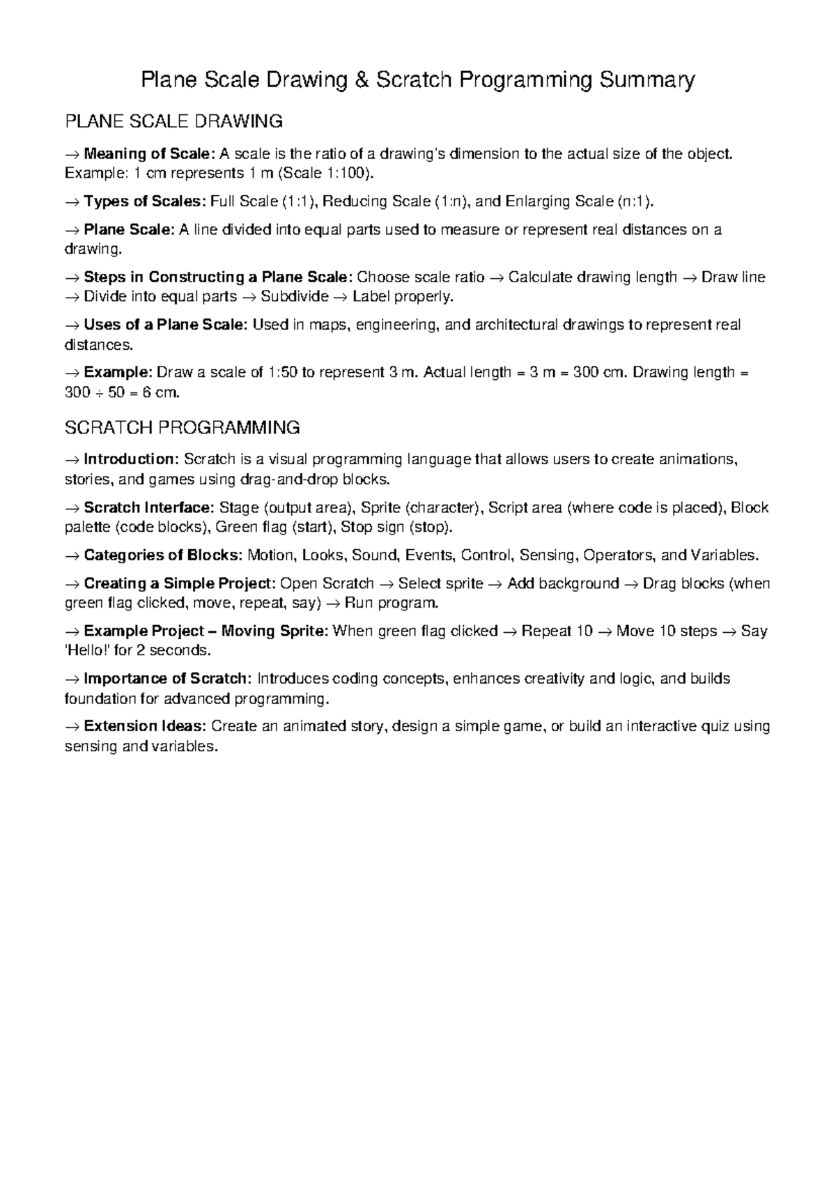 Plane Scale Drawing & Scratch Programming Summary - Studocu