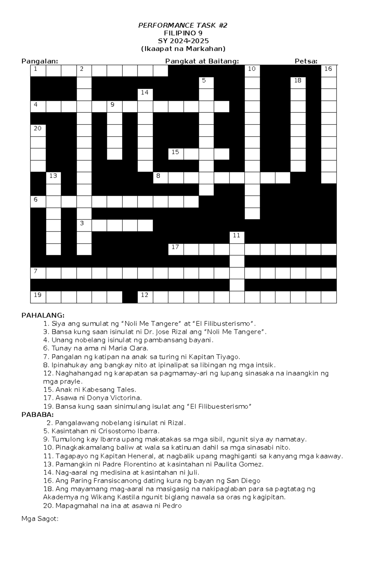 Noli PT2 Crossword Puzzle - PERFORMANCE TASK FILIPINO 9 SY 2024 ...