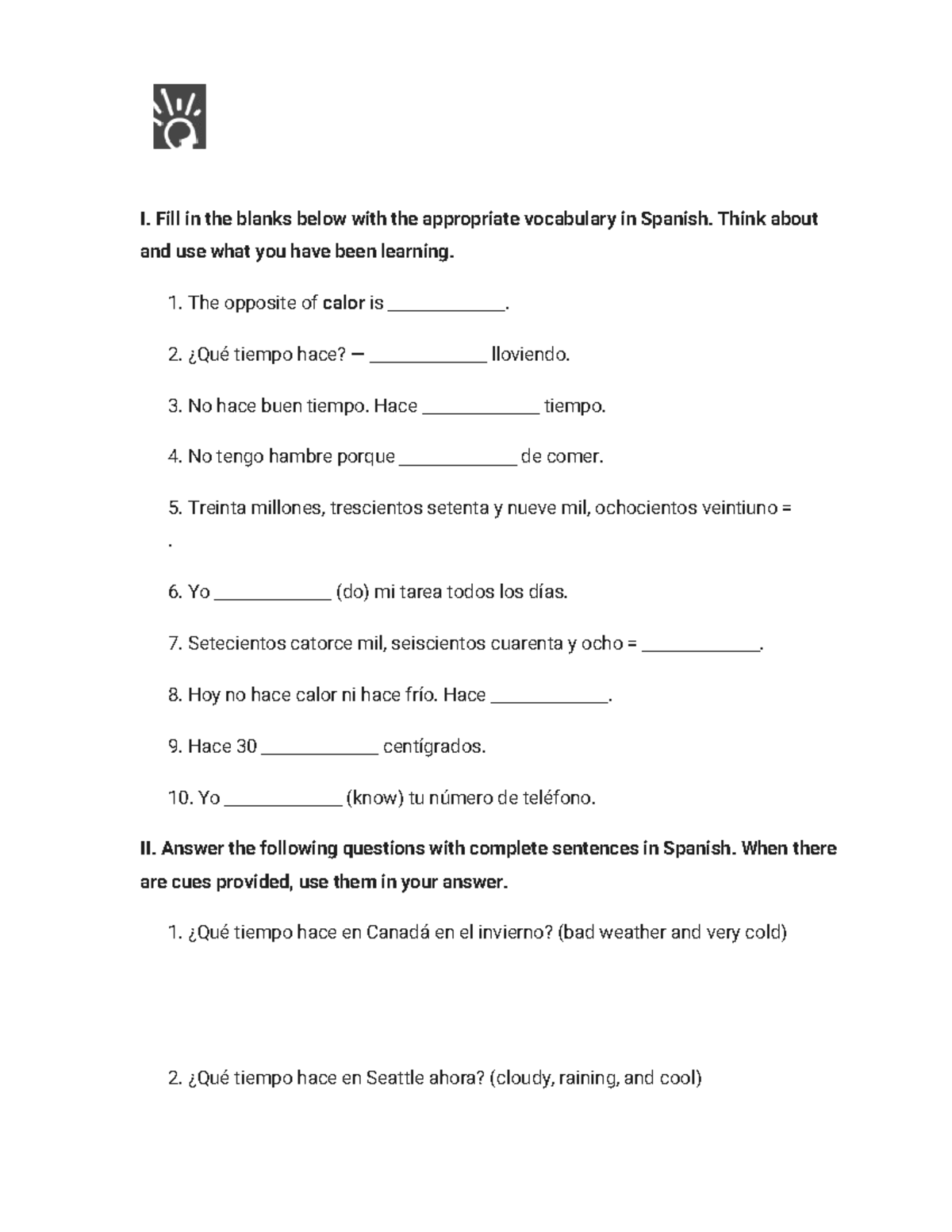 5.3.10 Spanish Vocabulary Fill-in-the-Blanks & Questions Practice - Studocu
