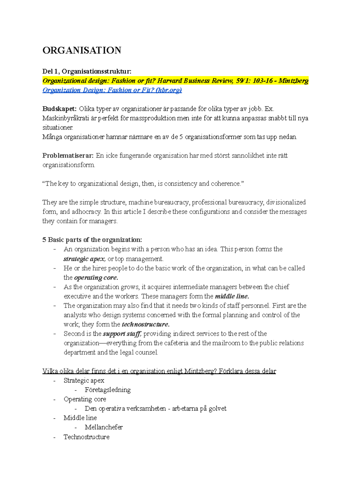 Sammanfattning Företagande organisering i förändring - ORGANISATION Del ...