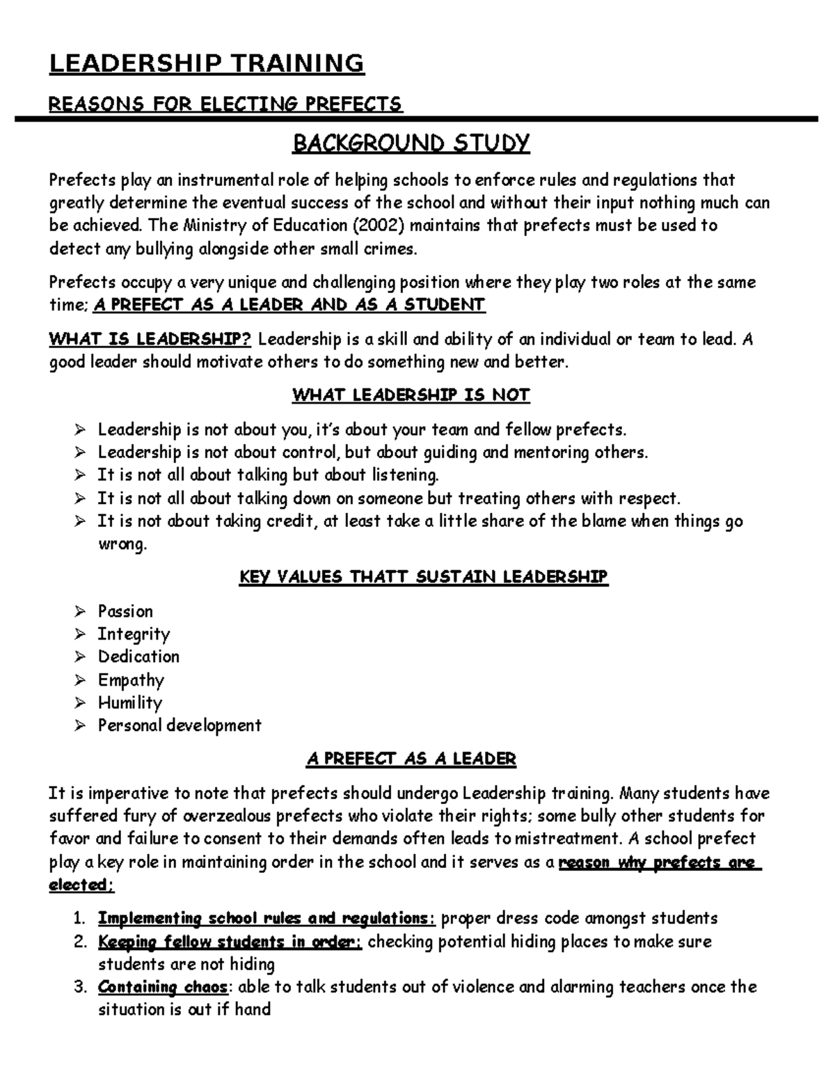 Leadership Training 2025: The Role of Prefects in Schools - Studocu