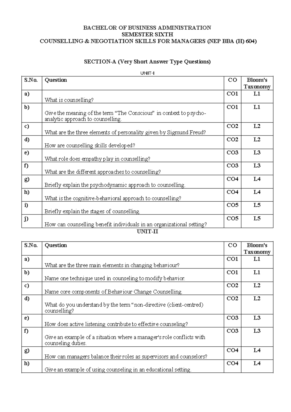 NEP BBA (H) 604 - Counselling & Negotiation Skills Study Guide - Studocu