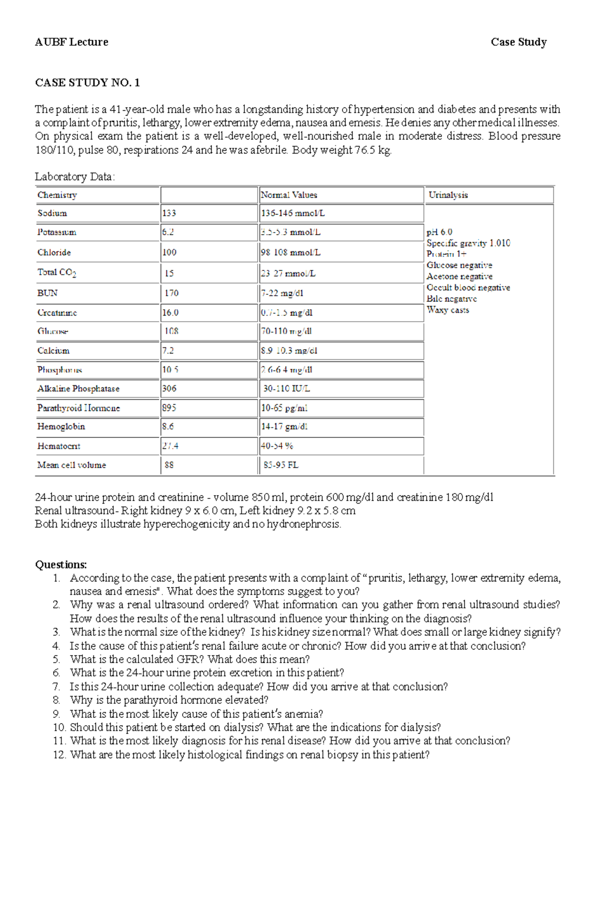 AUBF Case Study: Clinical Analysis of Patient with Renal Issues - Studocu