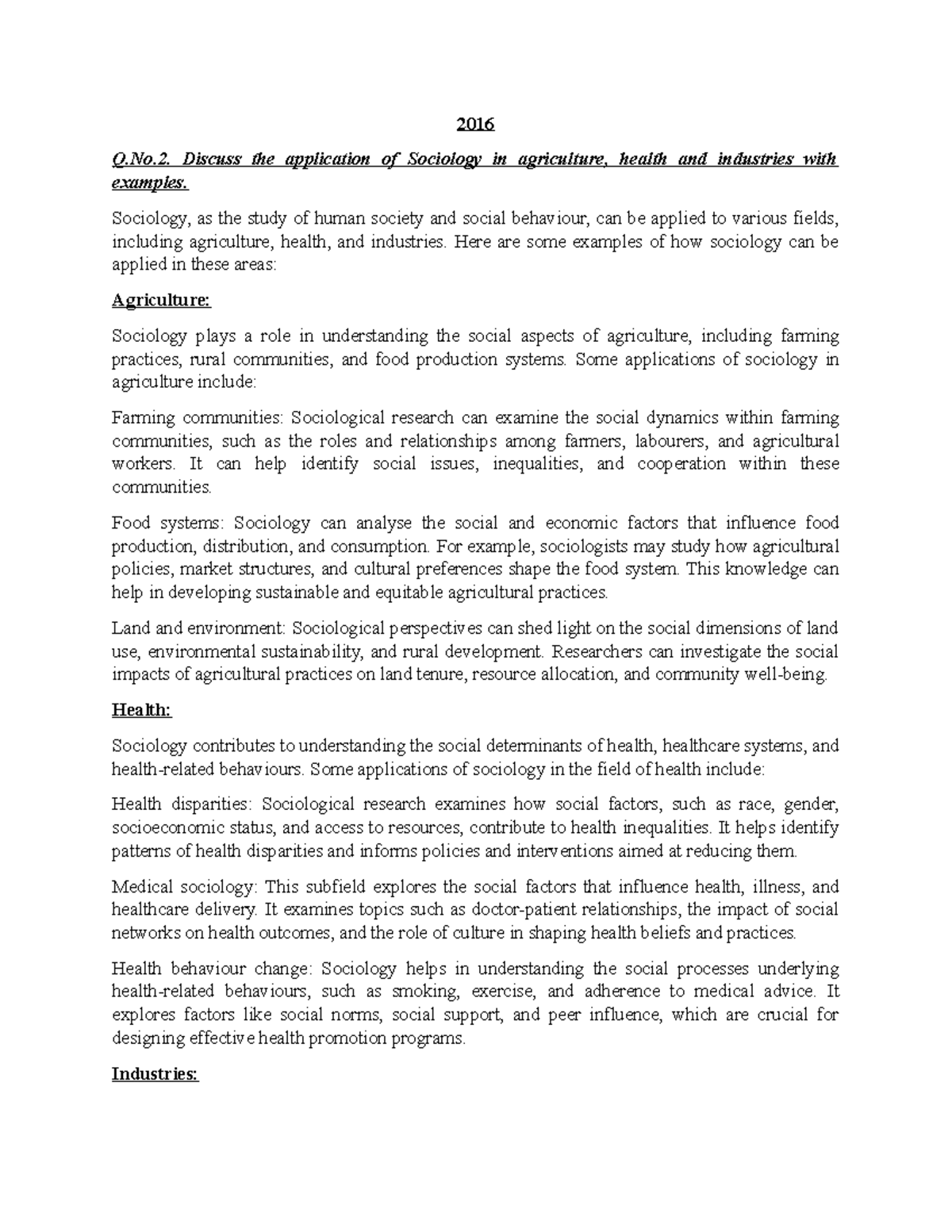 Sociology CSS-2016 Past Paper Solutions: Applications & Insights - Studocu