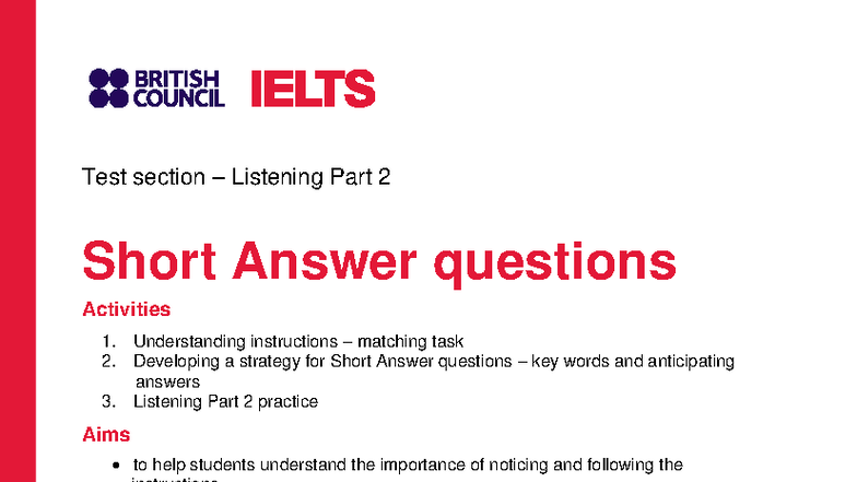Listening Part 2 Strategies & Practice for Short Answer Questions - Studocu