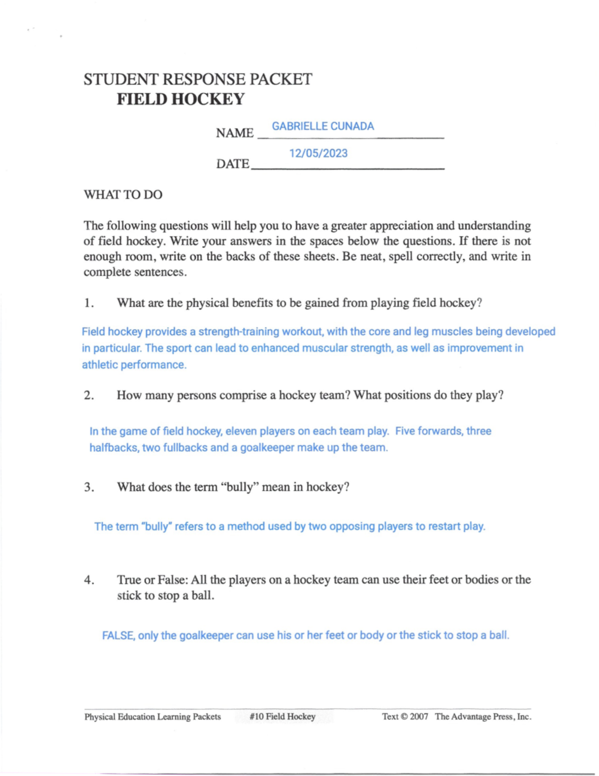 Field Hockey 1205 - Student Response Packet & Overview - Studocu