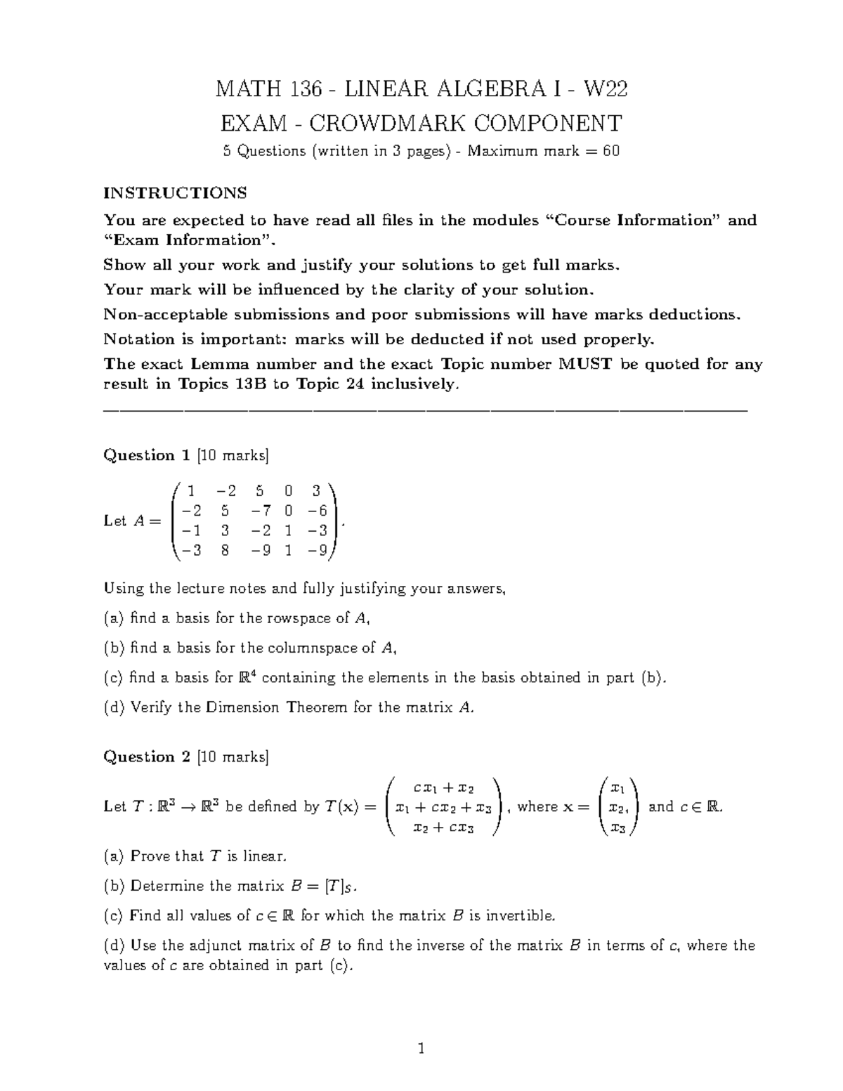 Online Exam - W22 - MATH 136 - LINEAR ALGEBRA I - W EXAM - CROWDMARK ...