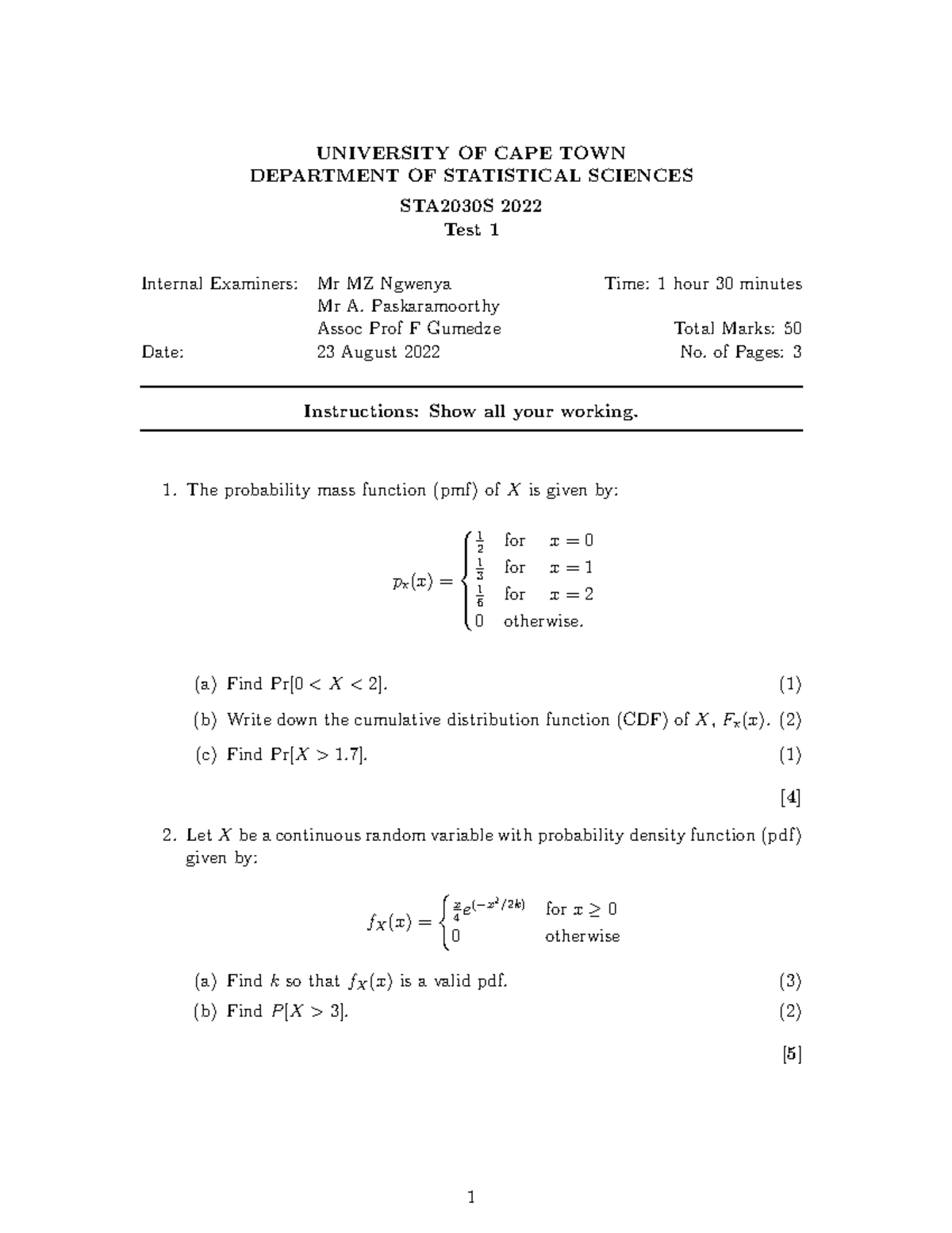 STA2030S 2022 Test 1 - Past Paper Questions and Solutions - Studocu