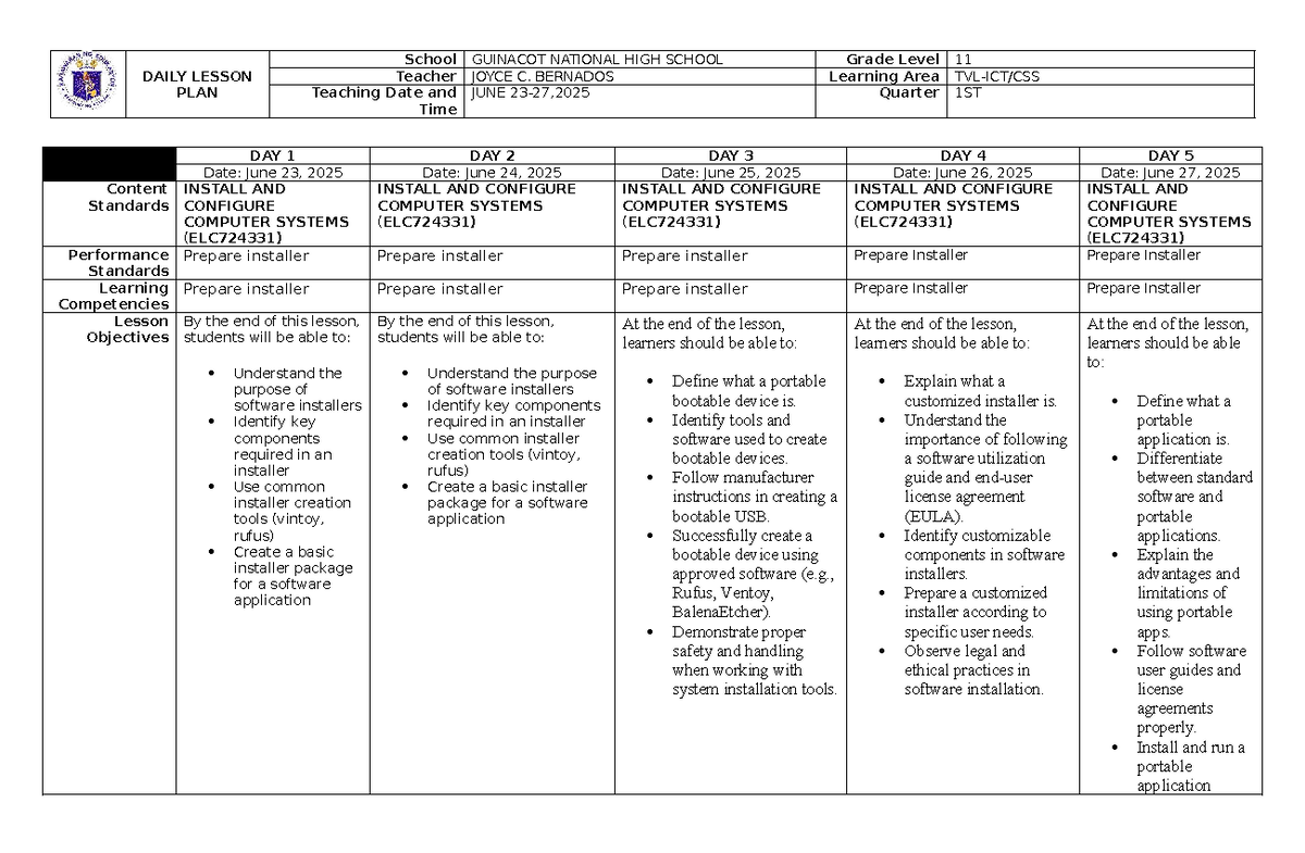 DAILY LESSON PLAN: INSTALL AND CONFIGURE COMPUTER SYSTEMS (ELC724331 ...