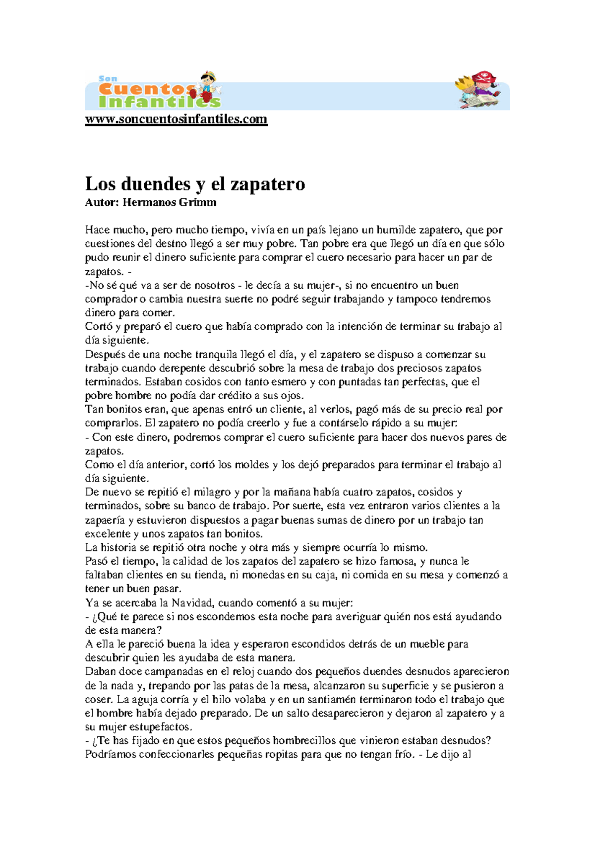 Cuento Infantil: Los Duendes y el Zapatero - Hermanos Grimm - Studocu