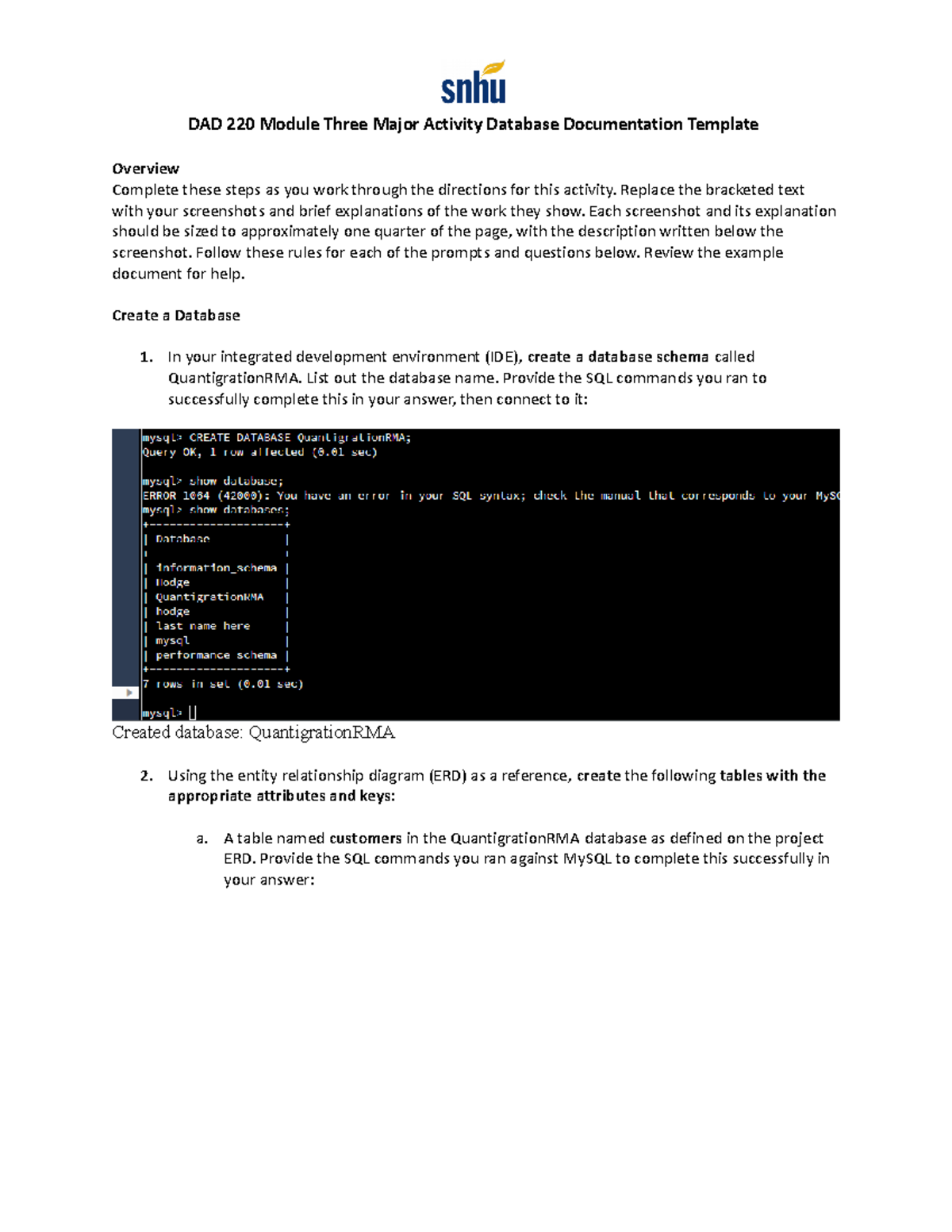 DAD 220 Module Three Major Activity Database Documentation Template - Replace the bracketed text ...
