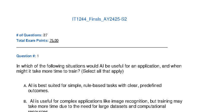 2425Sem2-IT1244 - Final Exam Questions on AI & ML Concepts - Studocu