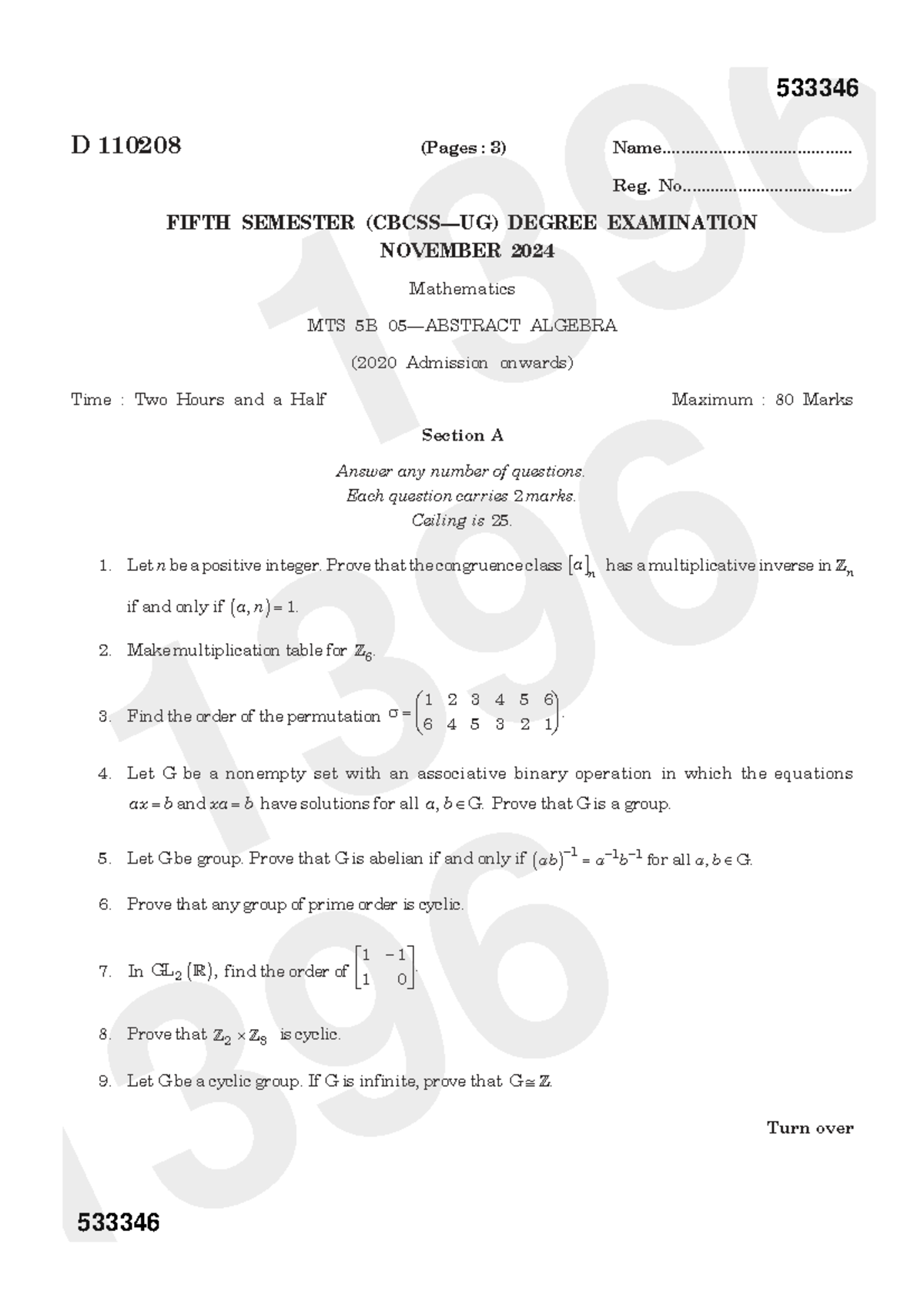 2024 MTS 5B Final Exam Notes on Abstract Algebra - Studocu