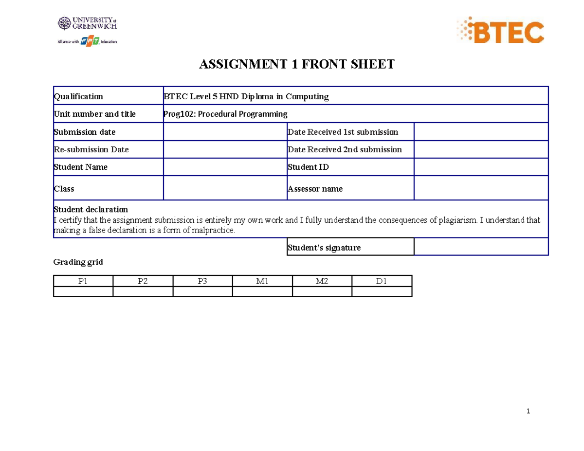 Prog102 - Assignment 1 frontsheet - ASSIGNMENT 1 FRONT SHEET Qualification BTEC Level 5 HND ...