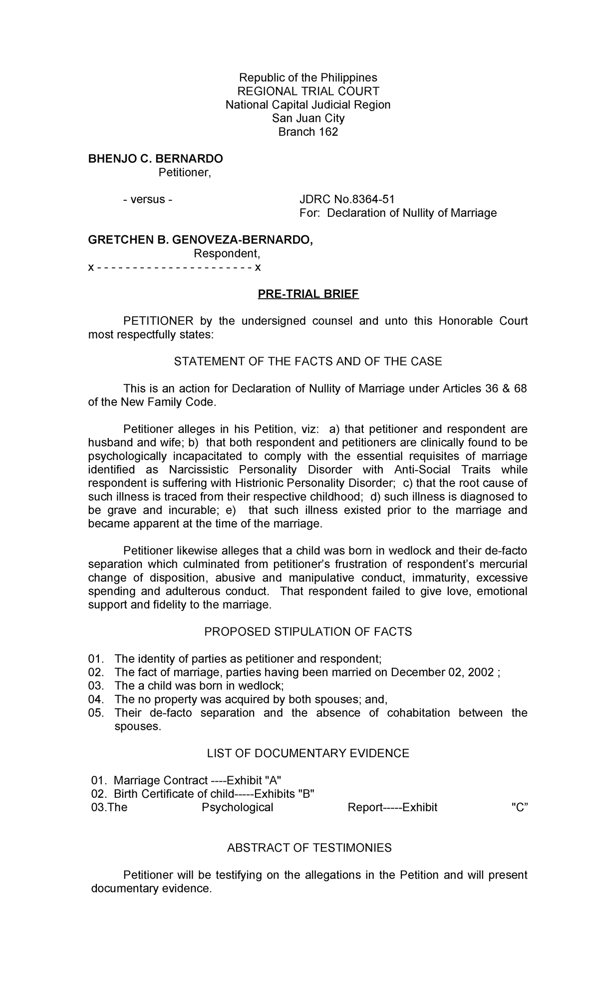 Pre-Trial Brief: Nullity of Marriage Case (Philippines) - Studocu