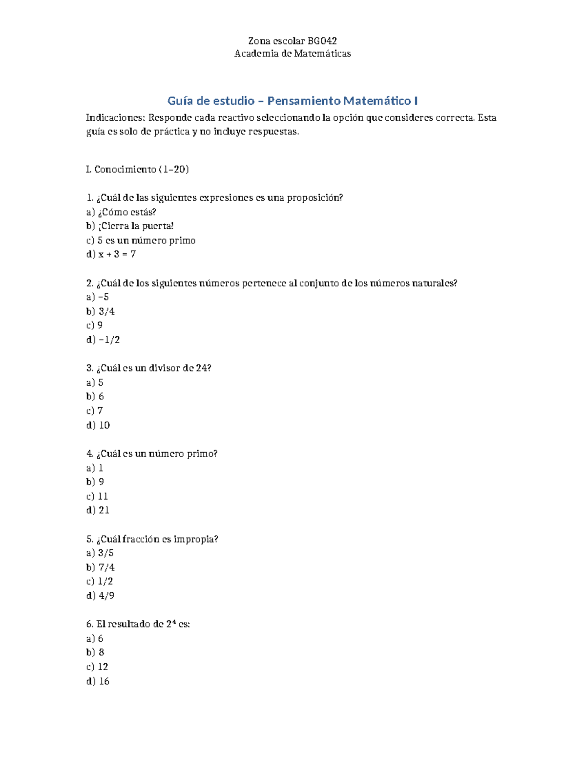 Guía de Estudio: Pensamiento Matemático I - Zona BG042 - Studocu