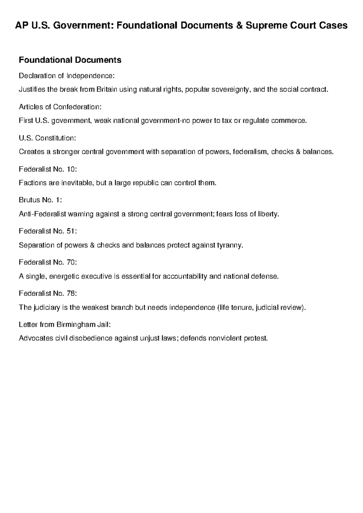 AP Gov: Foundational Documents & Supreme Court Cases Final - Studocu
