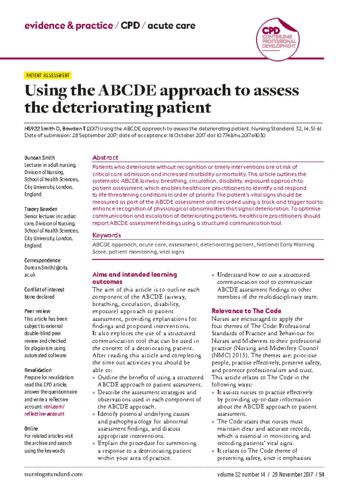 Using the Abcde approach to assess the deteriorating patient - Nursing ...