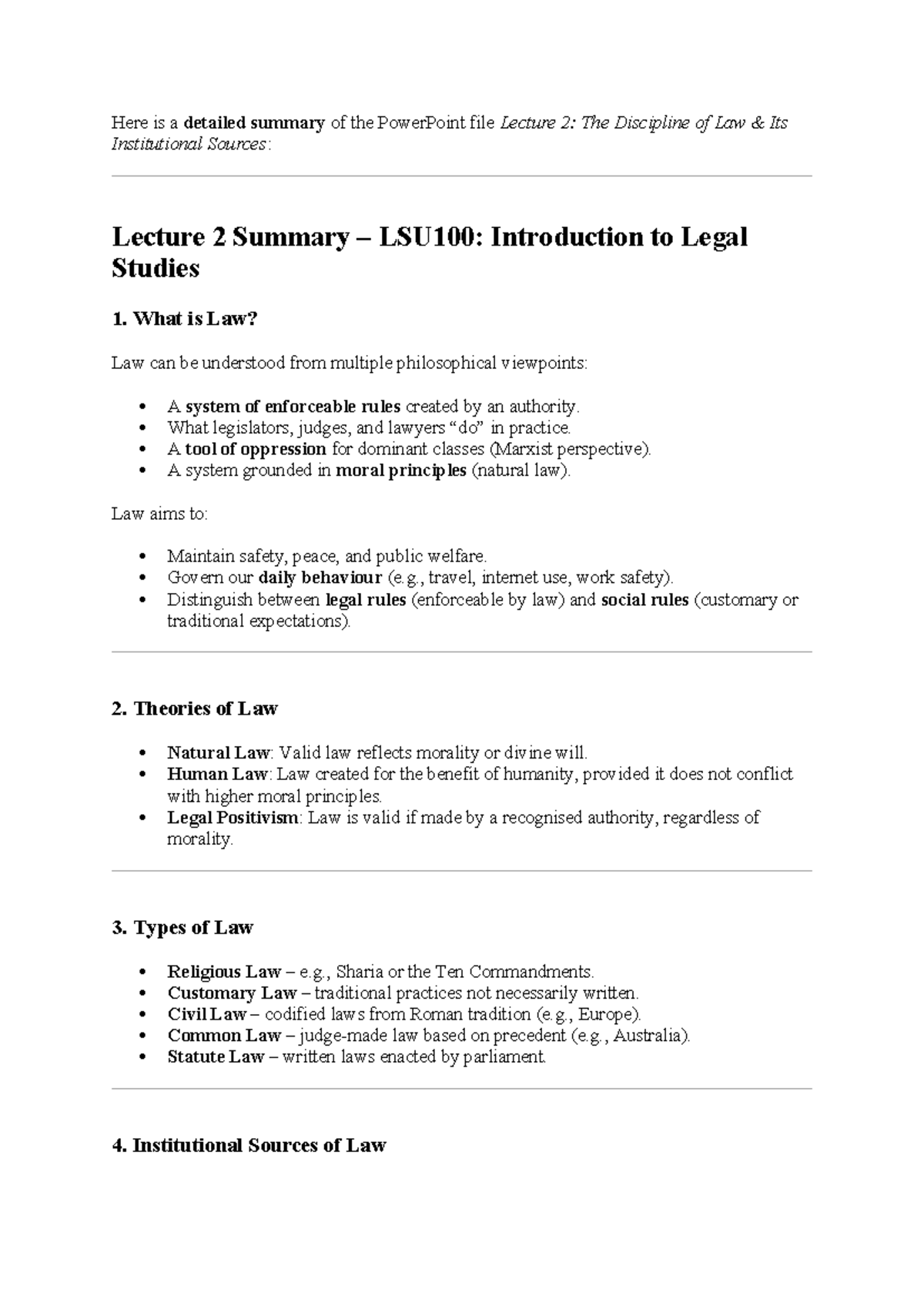 Lecture 2 Summary: The Discipline of Law & Its Sources - LSU100 - Studocu