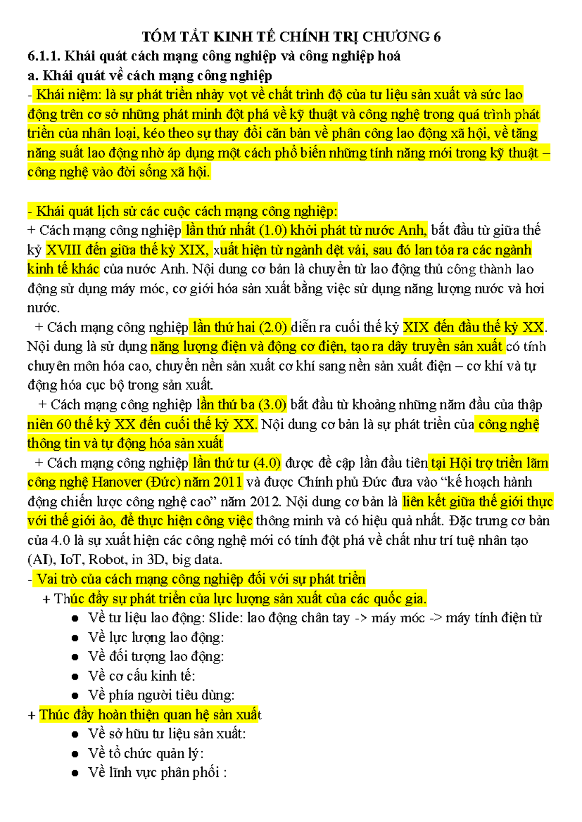KTCT C6 - Tóm tắt lý thuyết về cách mạng công nghiệp và công nghiệp hóa - Studocu
