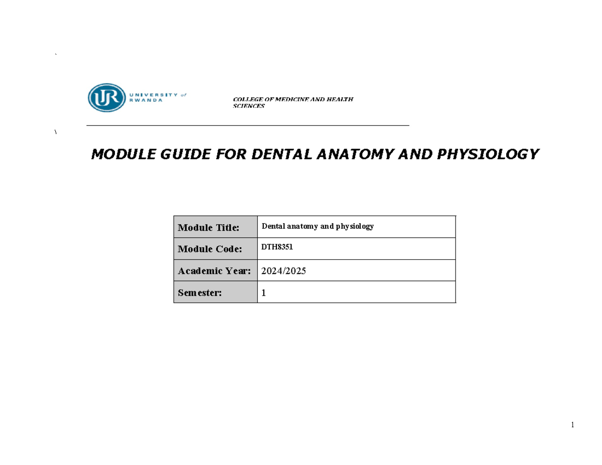 0. Updated Dental Anatomy AND Physiology Module Guide Dr Julienne - ` MODULE GUIDE FOR DENTAL ...