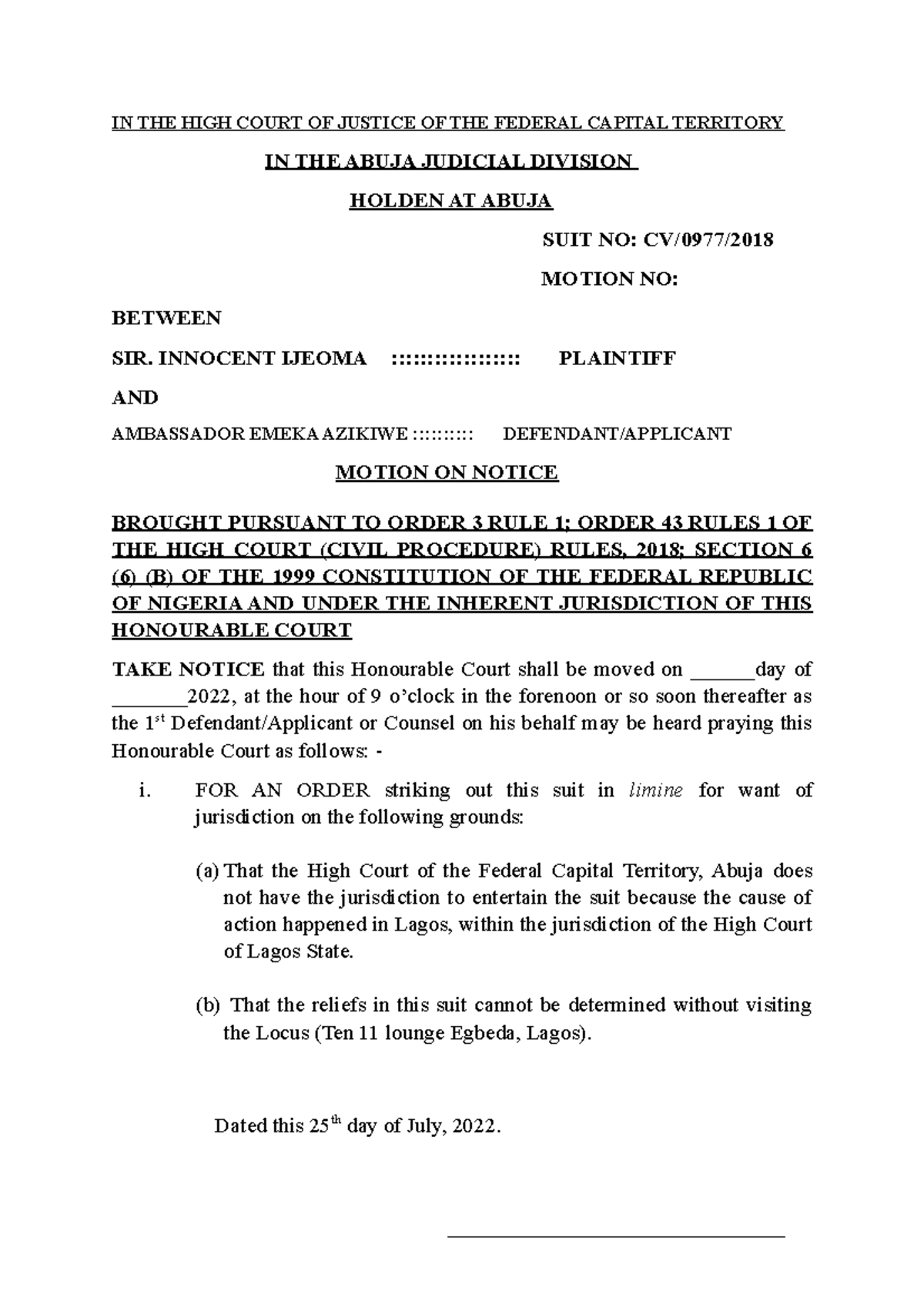 Preliminary Objection Notice in Suit CV/0977/ at FCT High Court - Studocu