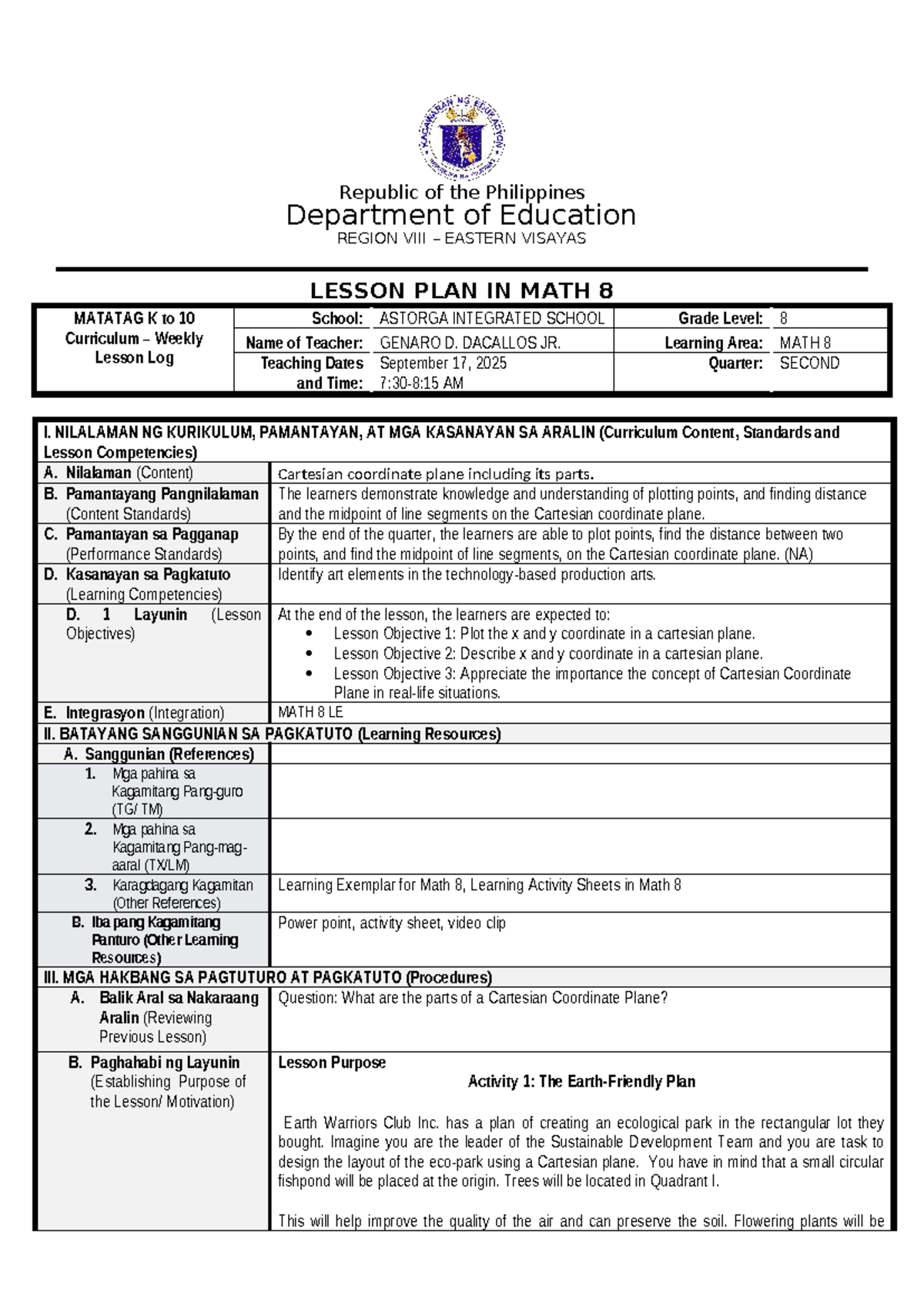 MATH 8 - Lesson Plan on Cartesian Coordinate Plane - Studocu