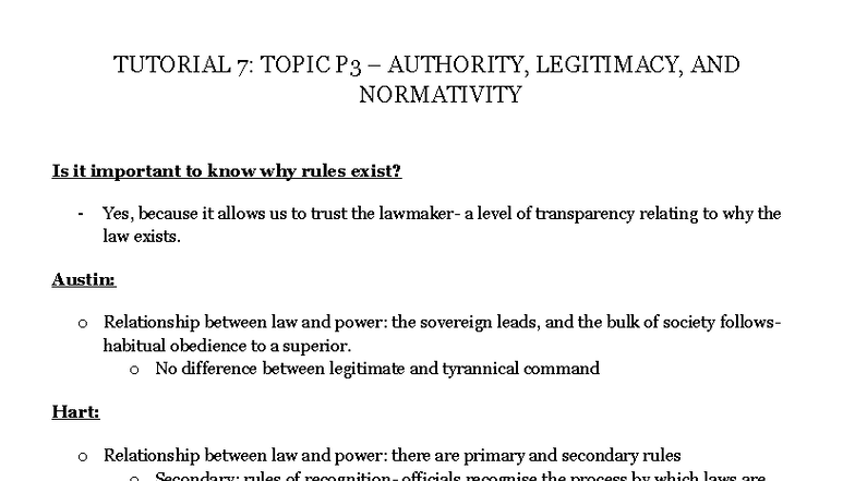 Tutorial 7: Authority, Legitimacy, and Normativity in Law ...