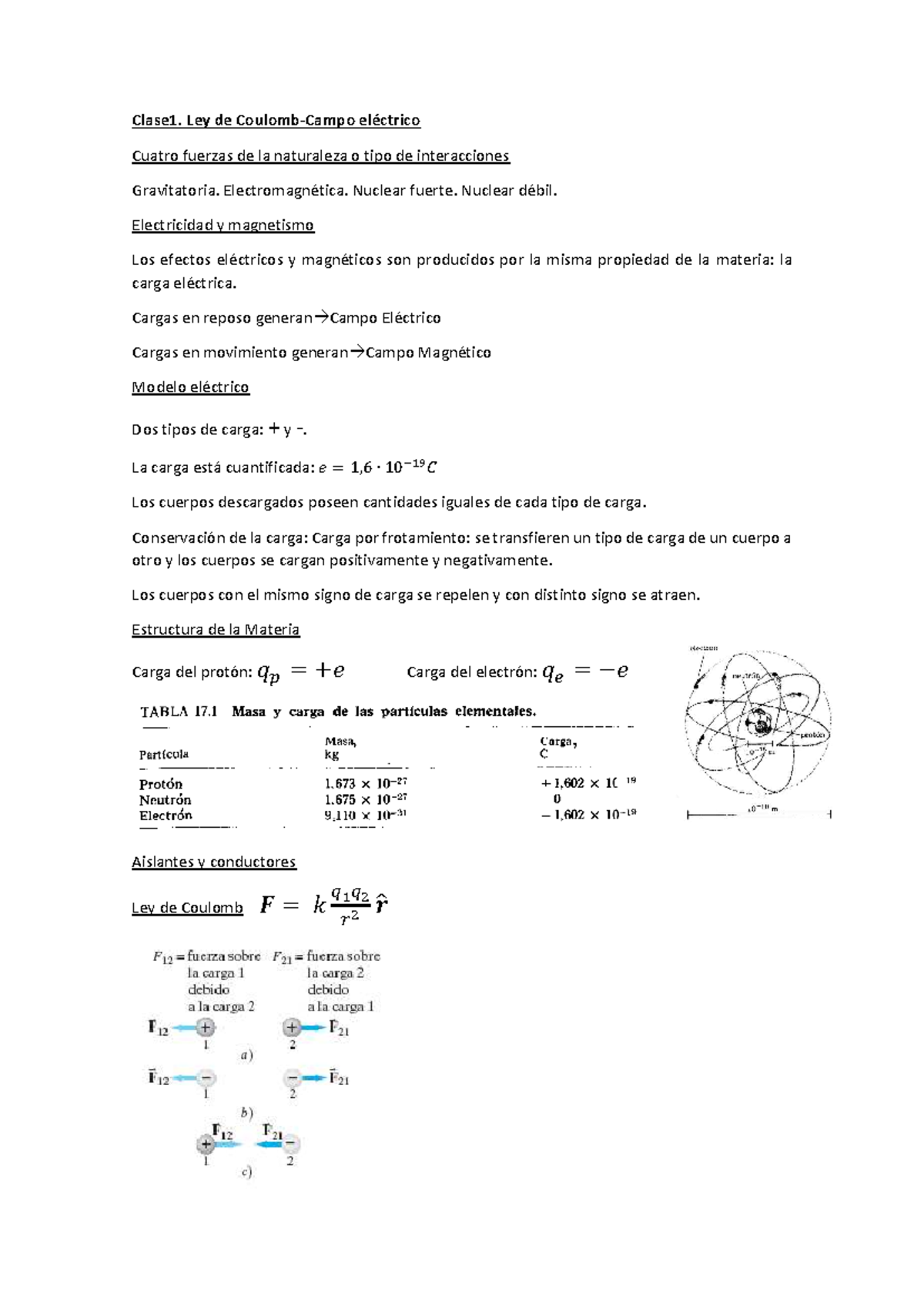 Clase 1. Ley de Coulomb y Campo Eléctrico en Interacciones Naturales ...