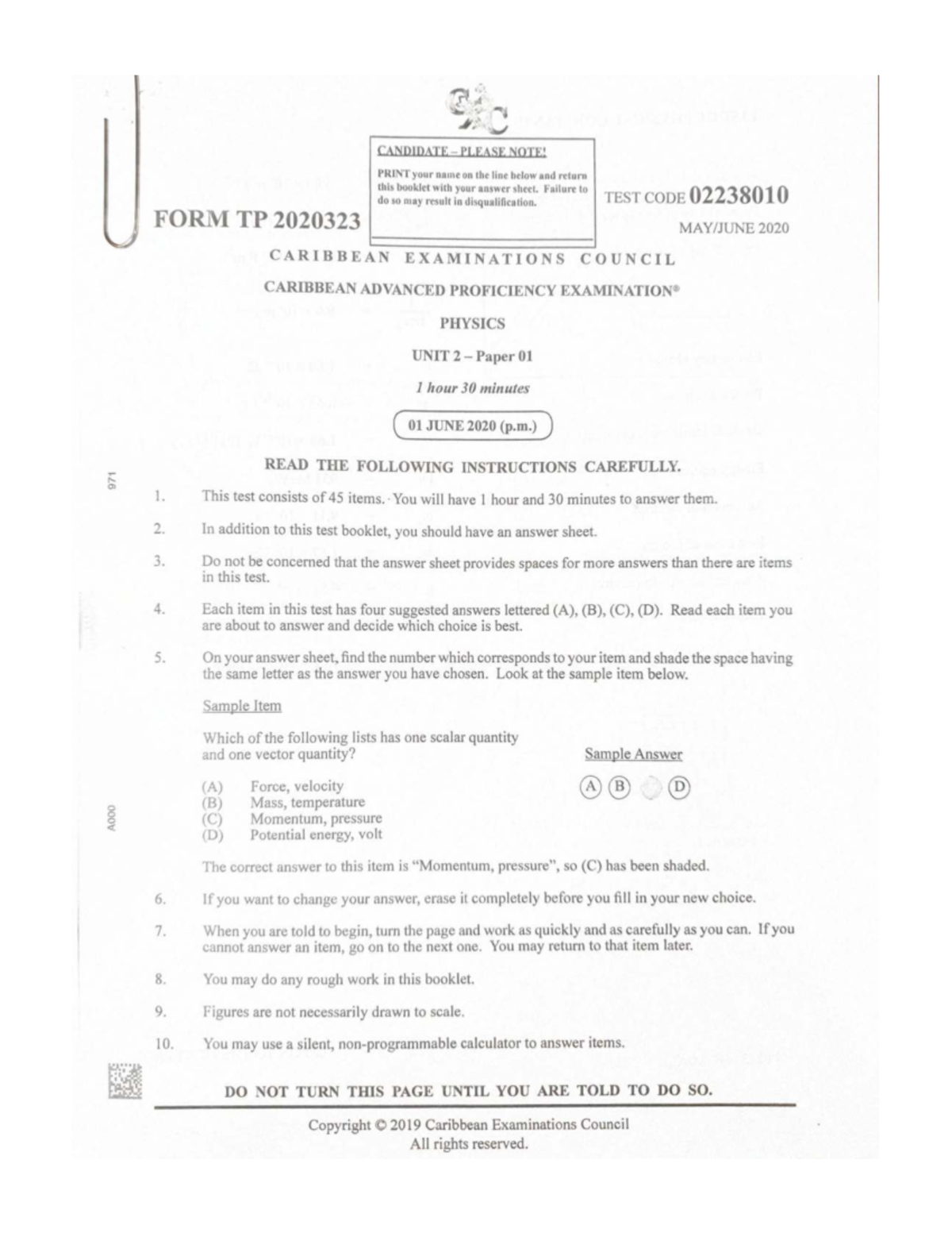 CAPE Physics Unit 2 Paper 1 Exam 2020 Instructions and Questions - Studocu