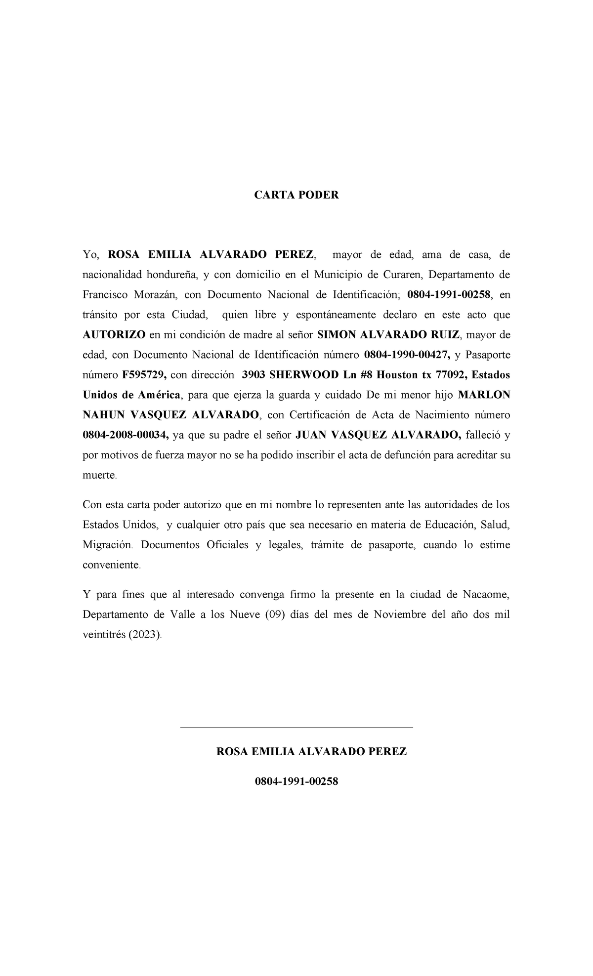 Carta Poder Guarda Y Cuidado ROSA Emilia Alvarado - CARTA PODER Yo ...