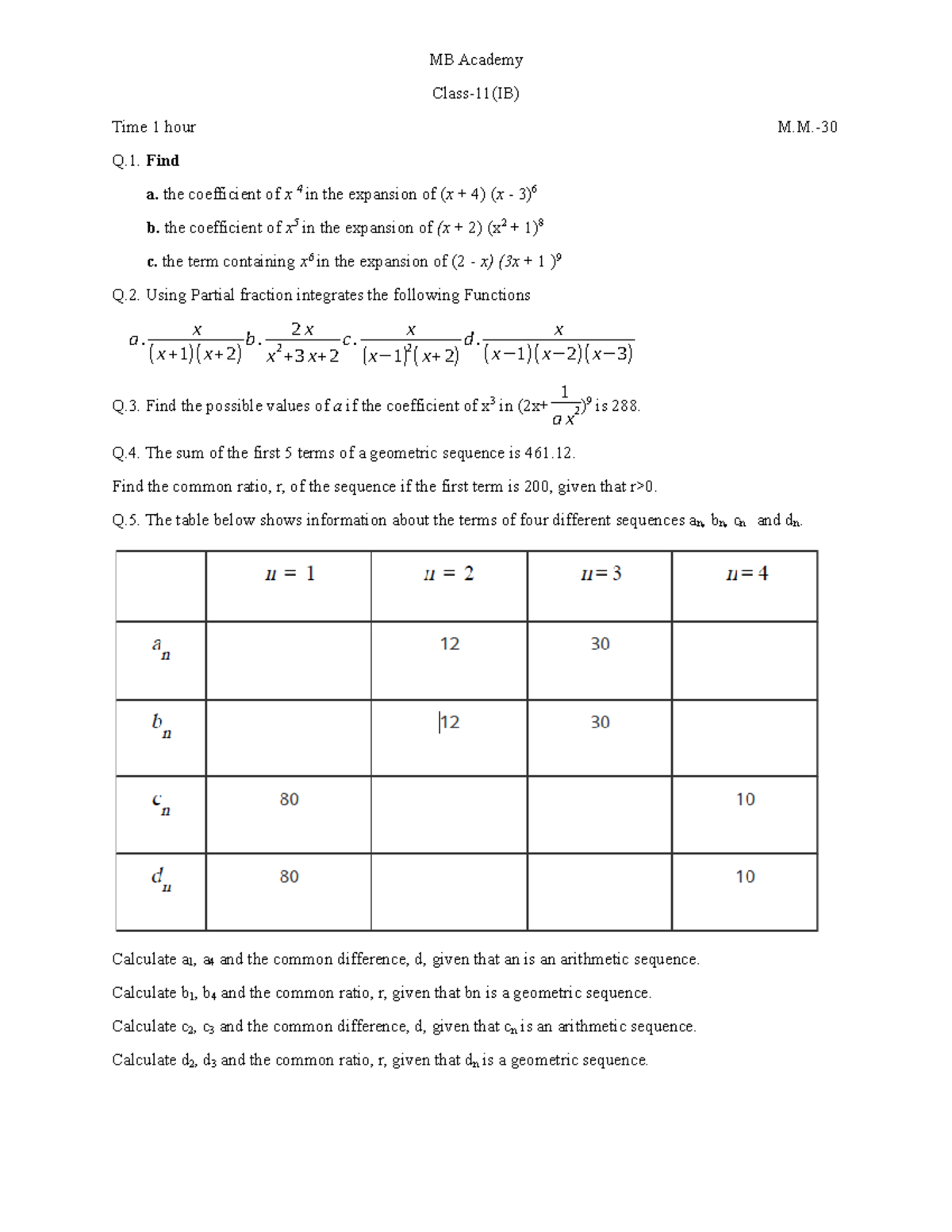 MB Academy Math Q&A: Coefficients, Integrals & Sequences - Studocu