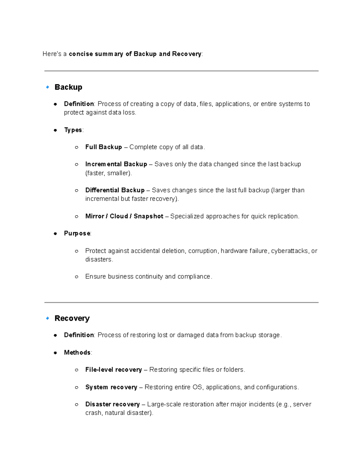 Backup and Recovery Overview: Key Concepts and Definitions - Studocu