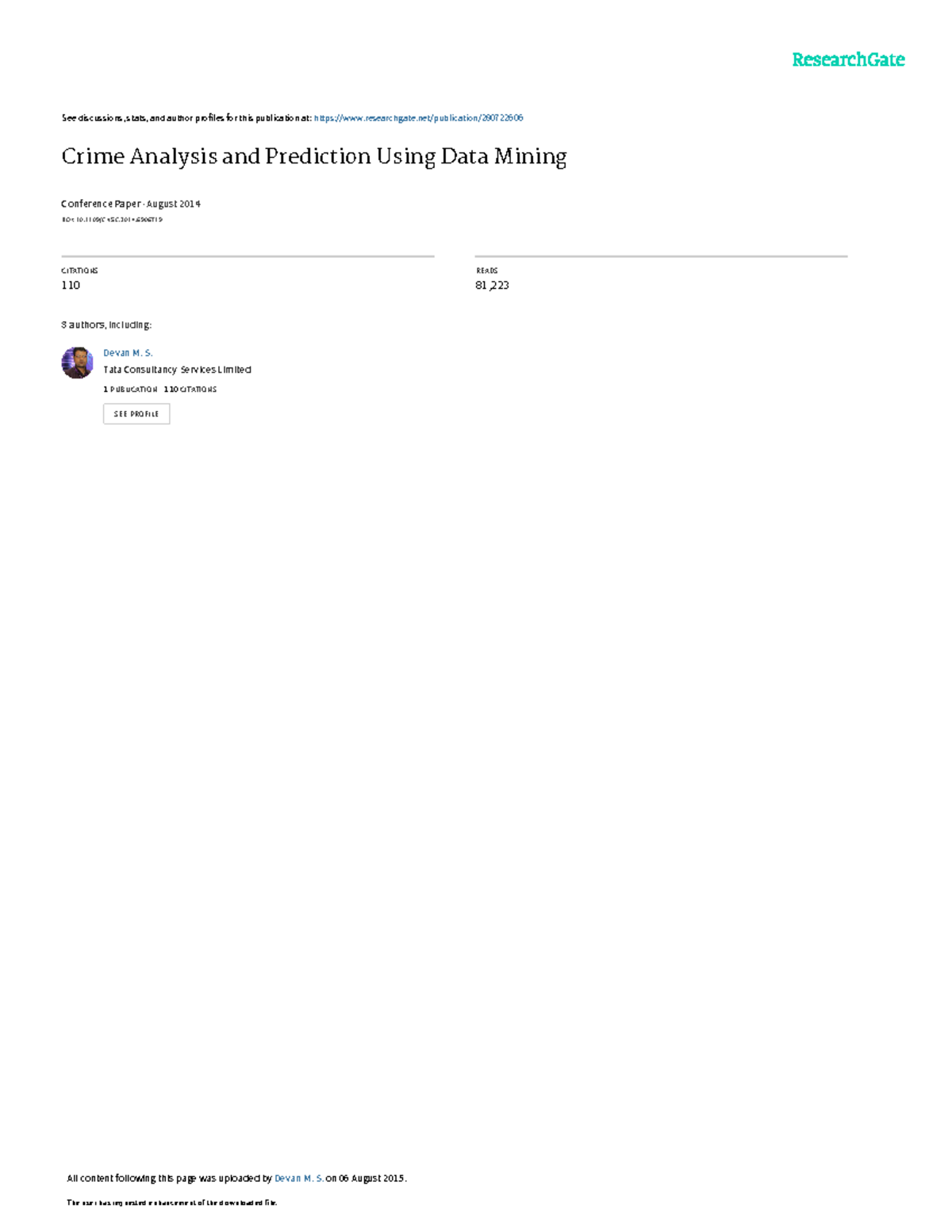 Crime Analysisand Prediction Using Data Mining See Discussions Stats 7224