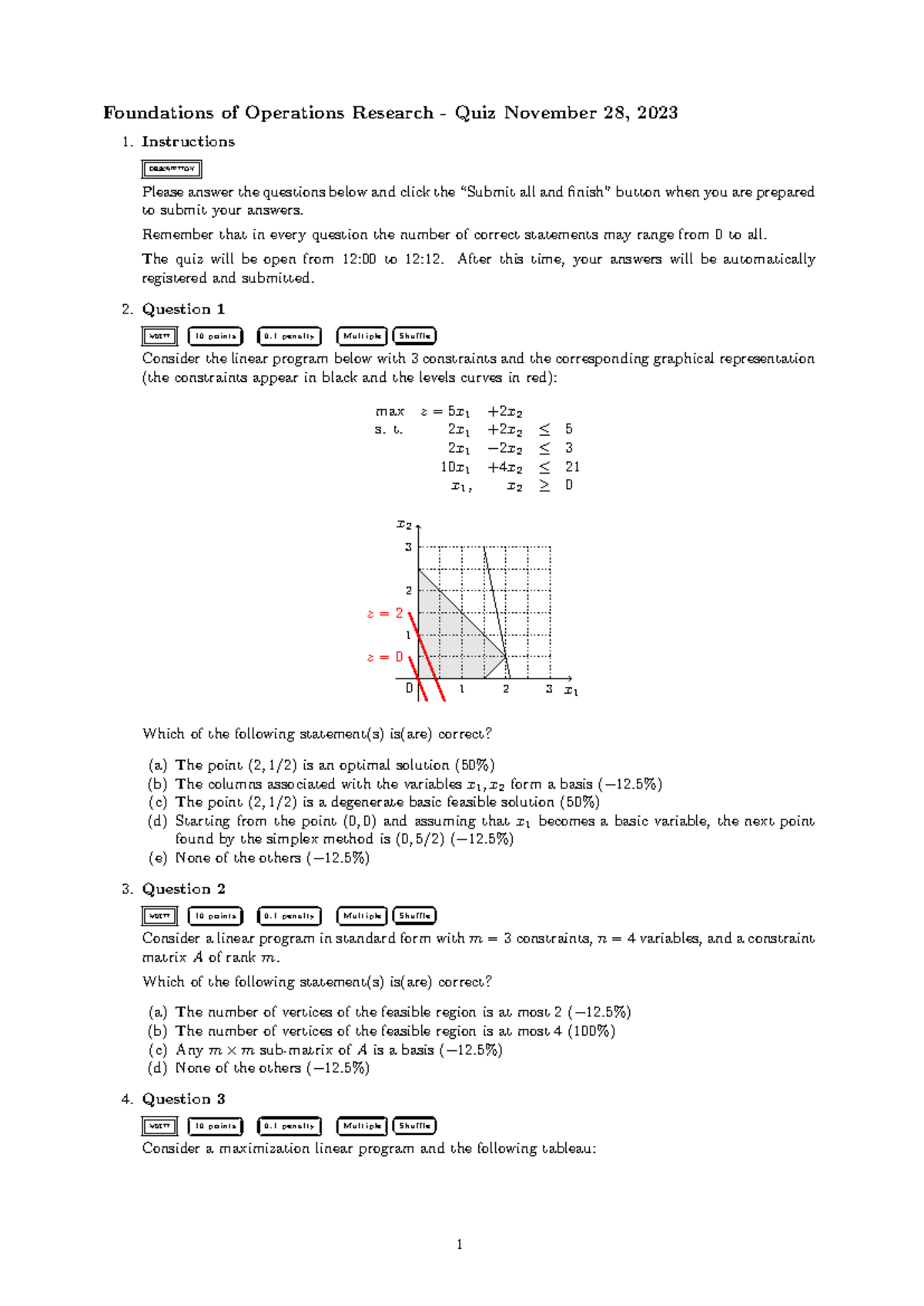 Foundations of Operations Research Quiz (Course Code: OR 2023) - Studocu