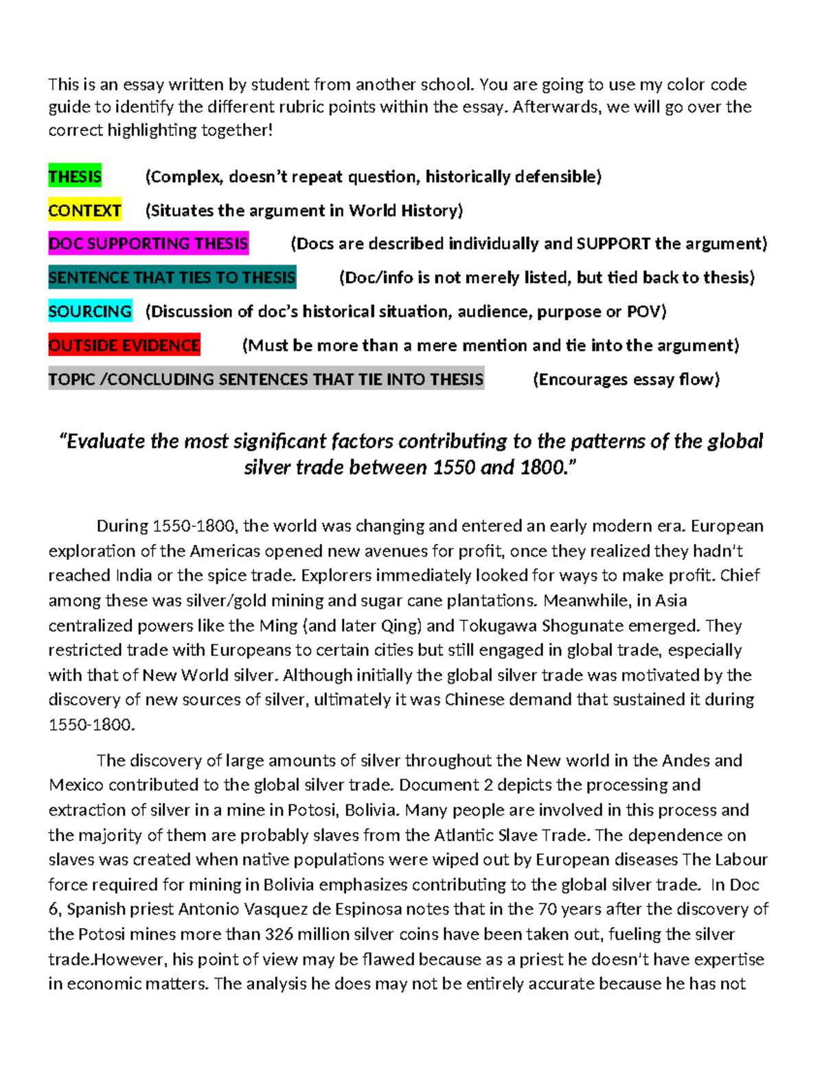 World History DBQ Essay Guide: Analyzing Silver Trade (1550-1800) - Studocu